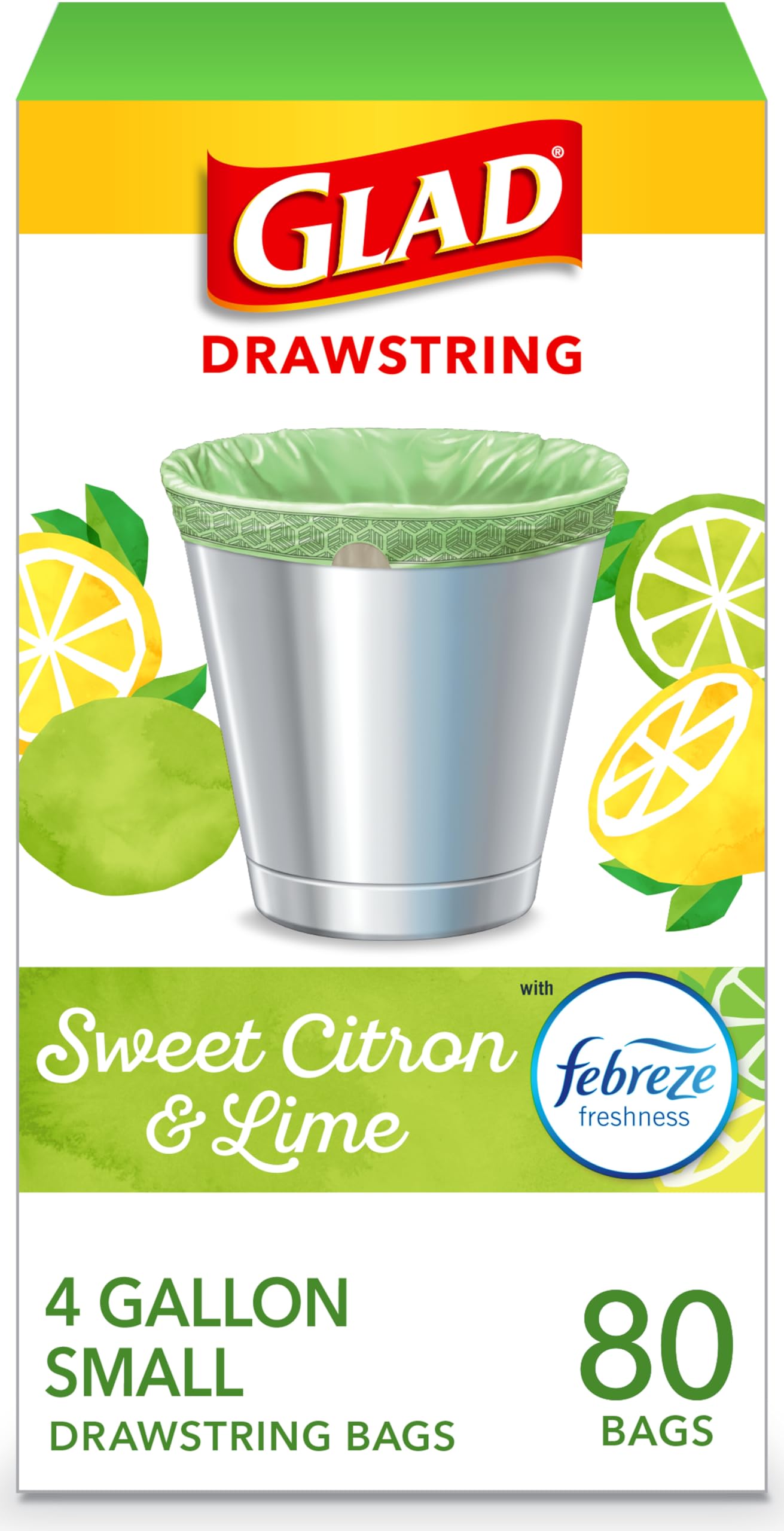 Glad Small Kitchen Drawstring Trash Bags – 4 Gallon Green Trash Bag Febreze , Sweet Citron & Lime, 80 Count (Package May Vary)