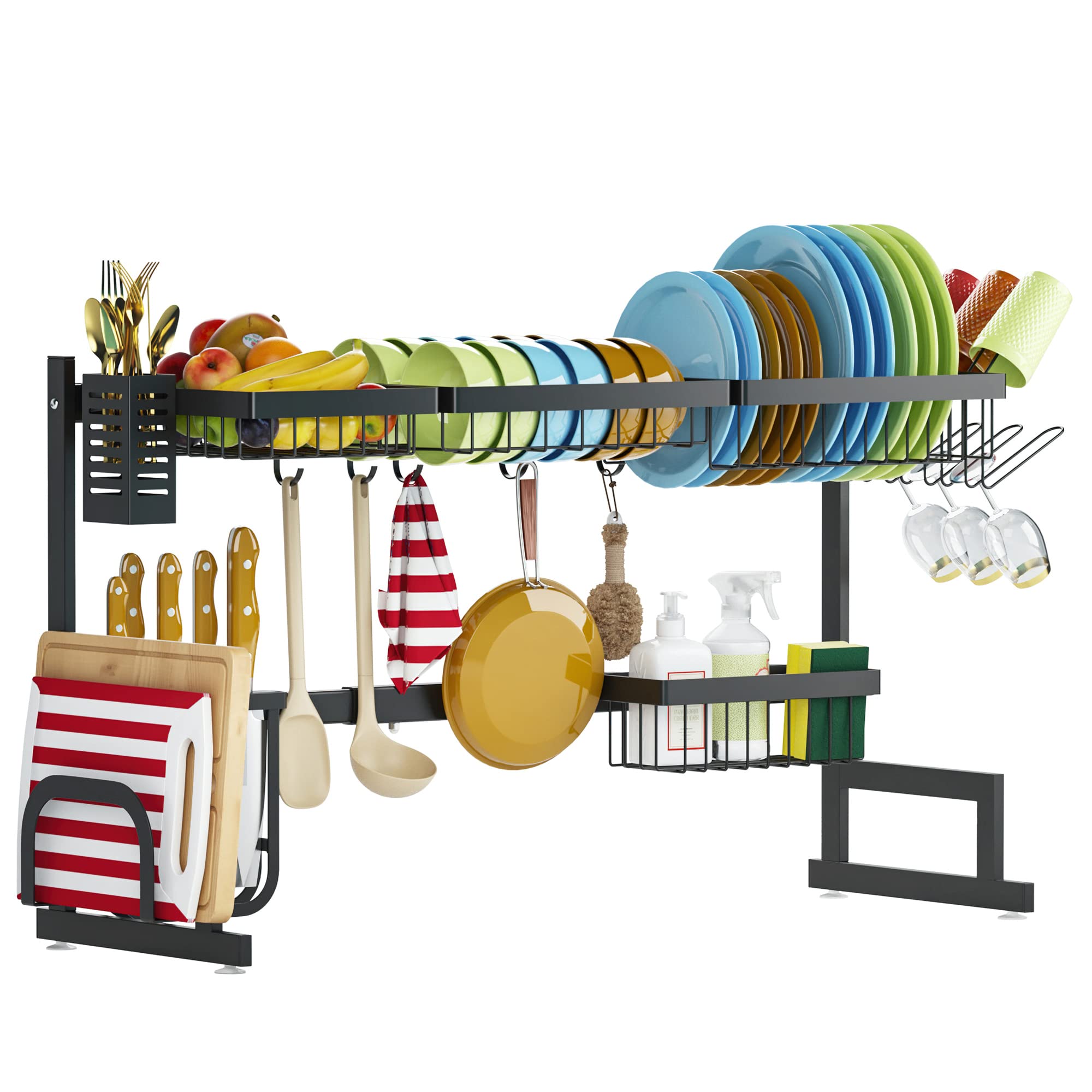 PUSDON Over Sink Dish Drying Rack (26"-37"), Adjustable Large Dish Drainer for Storage Kitchen Counter Organization, 2 Tier Stainless Steel Over Sink Dish Rack Display (Black, Sink Size≤37inch)