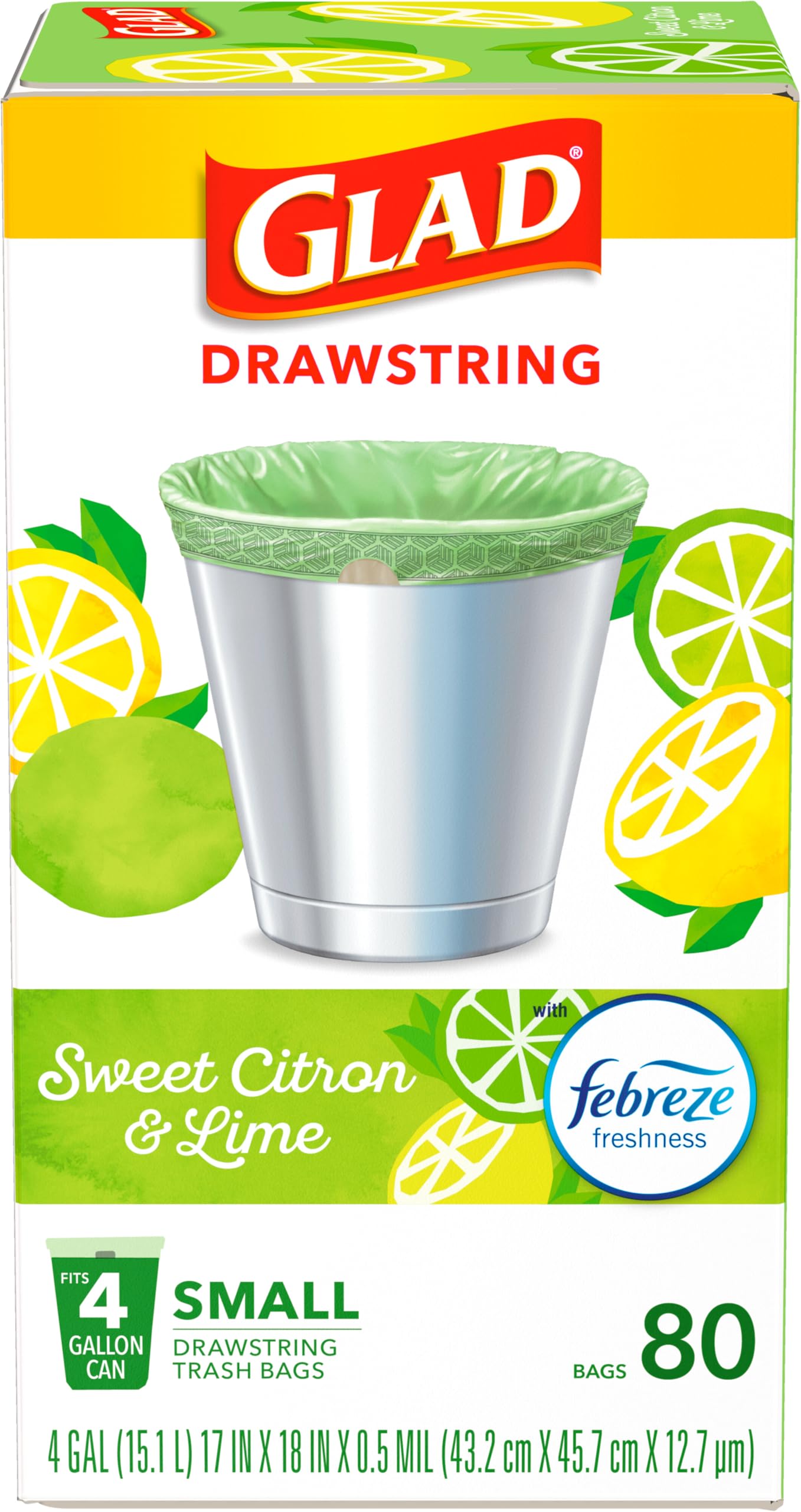 Glad Small Kitchen Drawstring Trash Bags – 4 Gallon Green Trash Bag Febreze , Sweet Citron & Lime, 80 Count (Package May Vary)