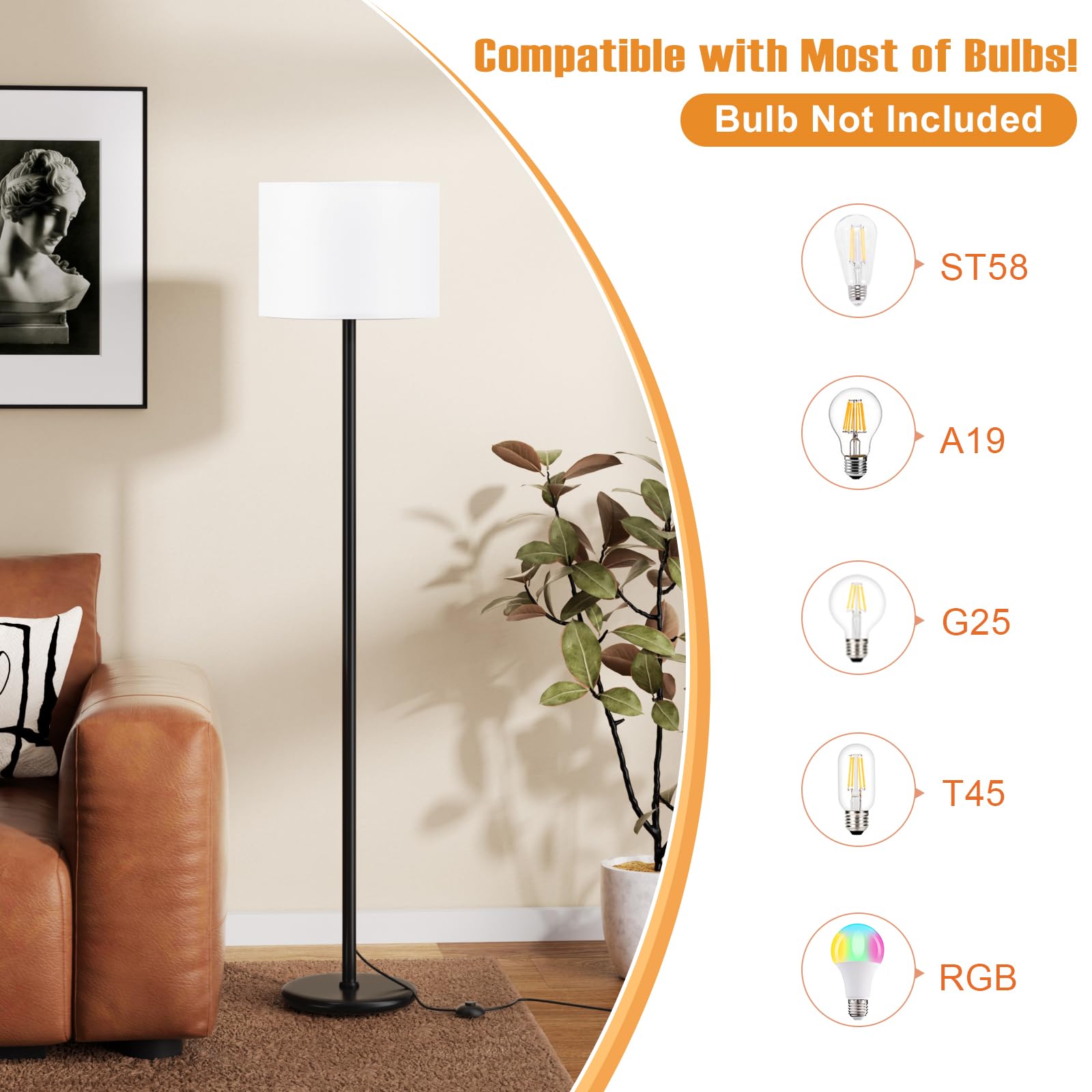 LED Floor Lamp Simple Design, Modern Floor Lamp with Shade, Tall Lamps for Living Room Bedroom Office Dining Room Kitchen, Black Pole Lamp with Foot Switch(Without Bulb)