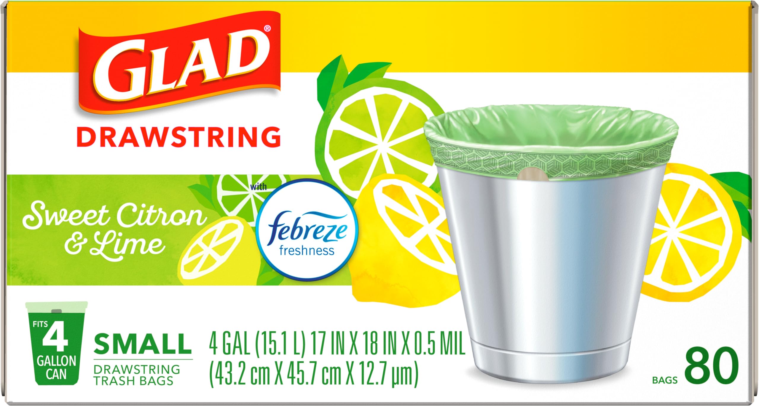 Glad Small Kitchen Drawstring Trash Bags – 4 Gallon Green Trash Bag Febreze , Sweet Citron & Lime, 80 Count (Package May Vary)