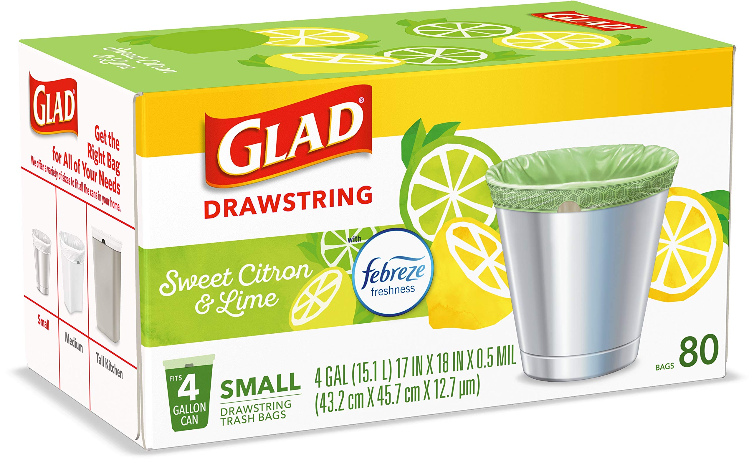 Glad Small Kitchen Drawstring Trash Bags – 4 Gallon Green Trash Bag Febreze , Sweet Citron & Lime, 80 Count (Package May Vary)