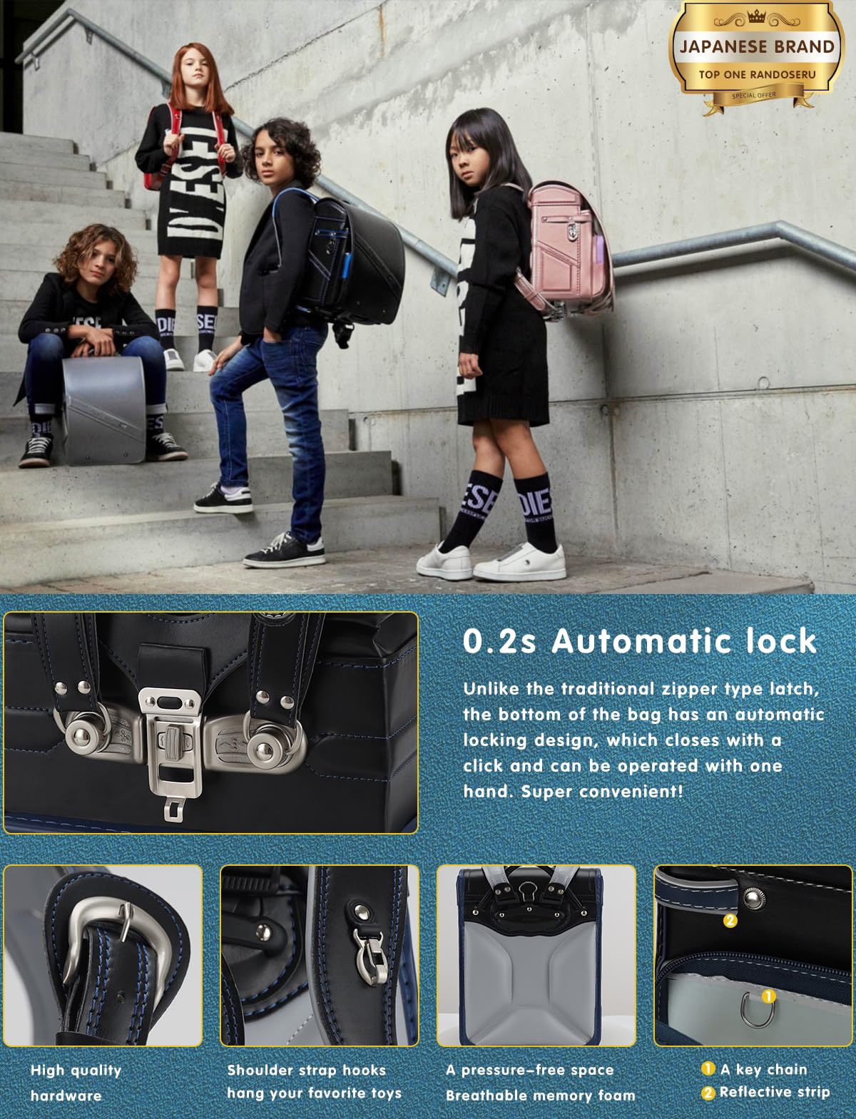 Randoseru Japanese schoolbag for primary school students?backpacks for kids boys and girls (Pure black)