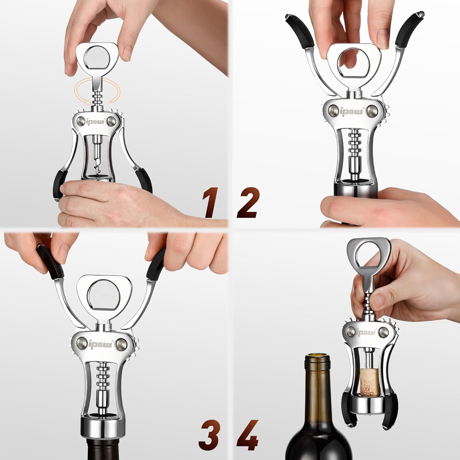 IPOW Wine Opener, Zinc Alloy Wine Bottle Opener, Wing Corkscrew Heavy Duty, Manual Multifunctional Cork Screw for Waiter, Silver