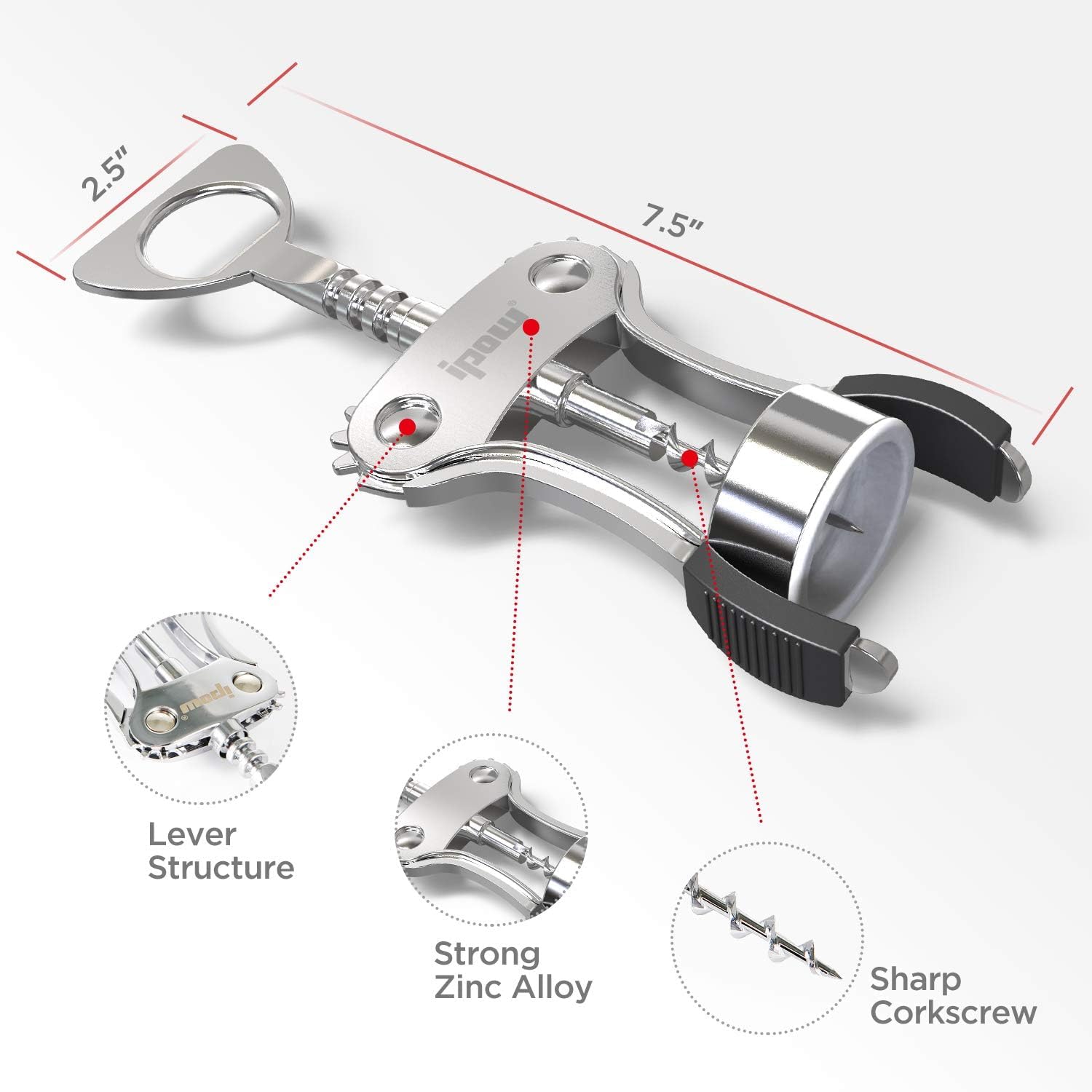 IPOW Wine Opener, Zinc Alloy Wine Bottle Opener, Wing Corkscrew Heavy Duty, Manual Multifunctional Cork Screw for Waiter, Silver