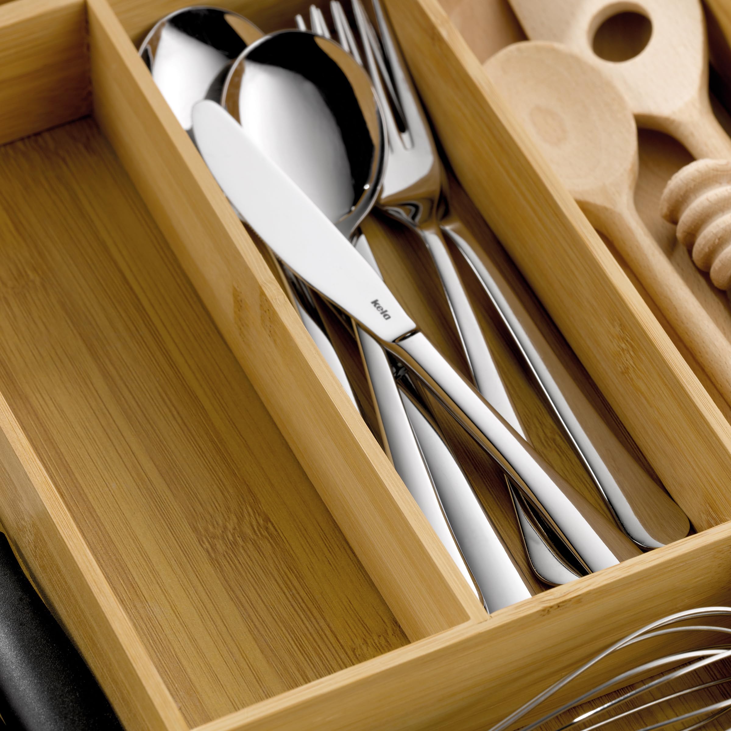 Kela Kalma 12013 Cutlery Tray, Drawer Divider with 8 Compartments, Removable, 35 x 43 x 6.5 cm, Bamboo, Bamboo, Bamboo, 5 Fächer