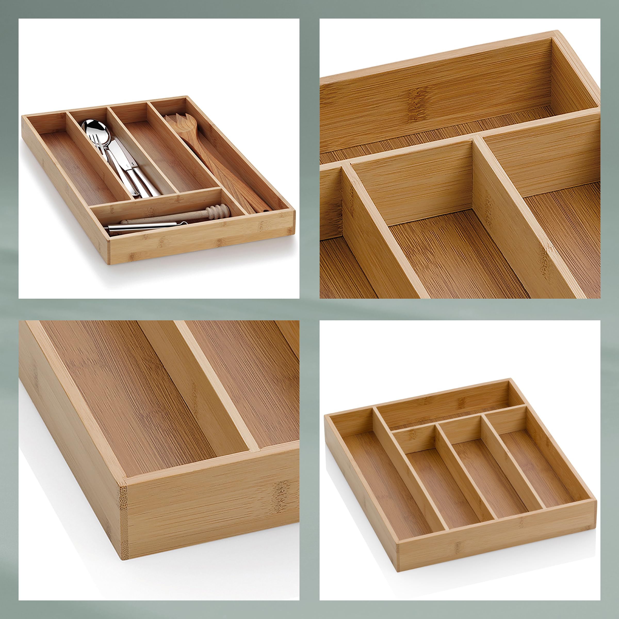 Kela Kalma 12013 Cutlery Tray, Drawer Divider with 8 Compartments, Removable, 35 x 43 x 6.5 cm, Bamboo, Bamboo, Bamboo, 5 Fächer