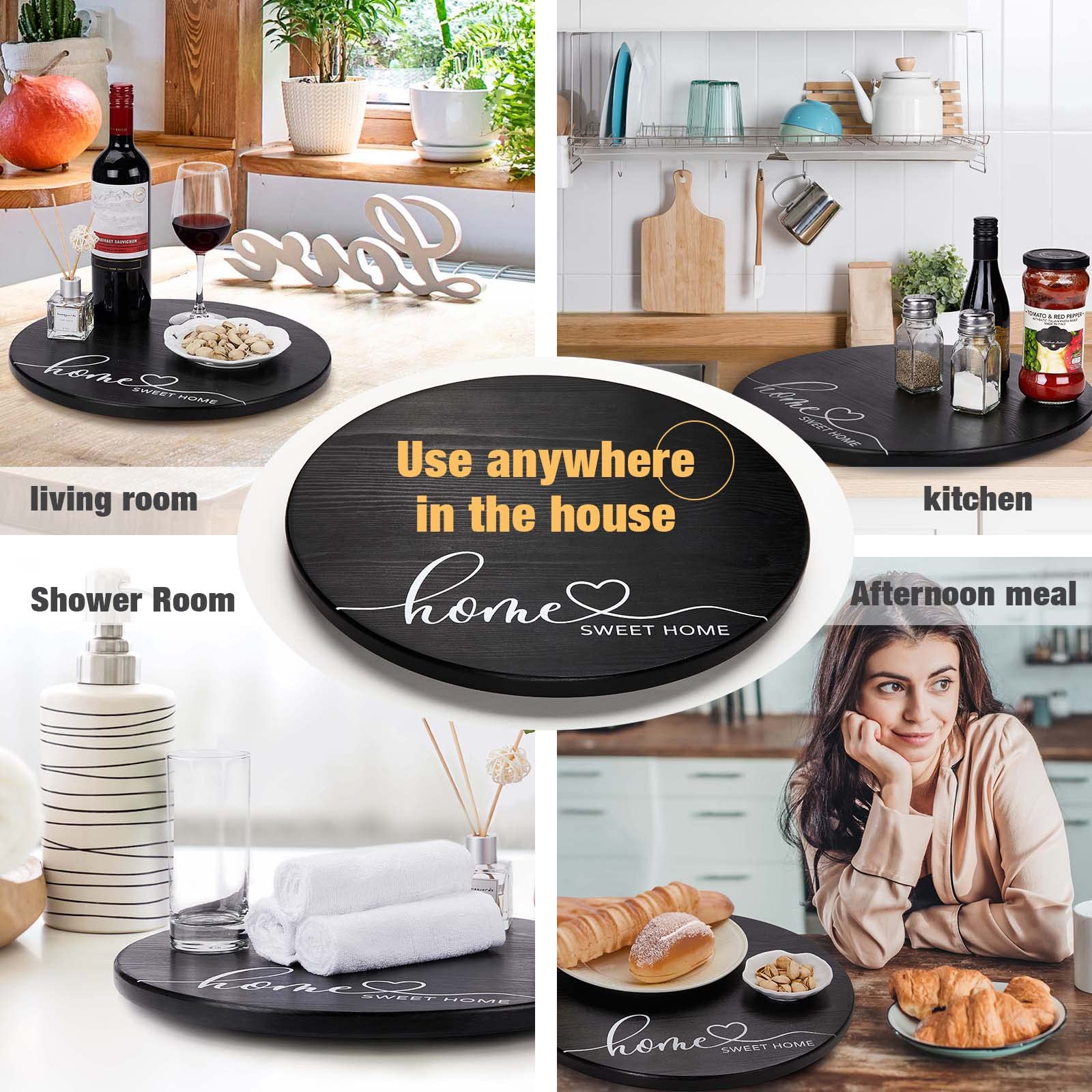 AW BRIDAL 15'' Wooden Lazy Susan Turntable Organizer, Black Large Lazy Susan Turntable for Table Cabinet or Pantry, Unique Anniversary Birthday Housewarming Gifts