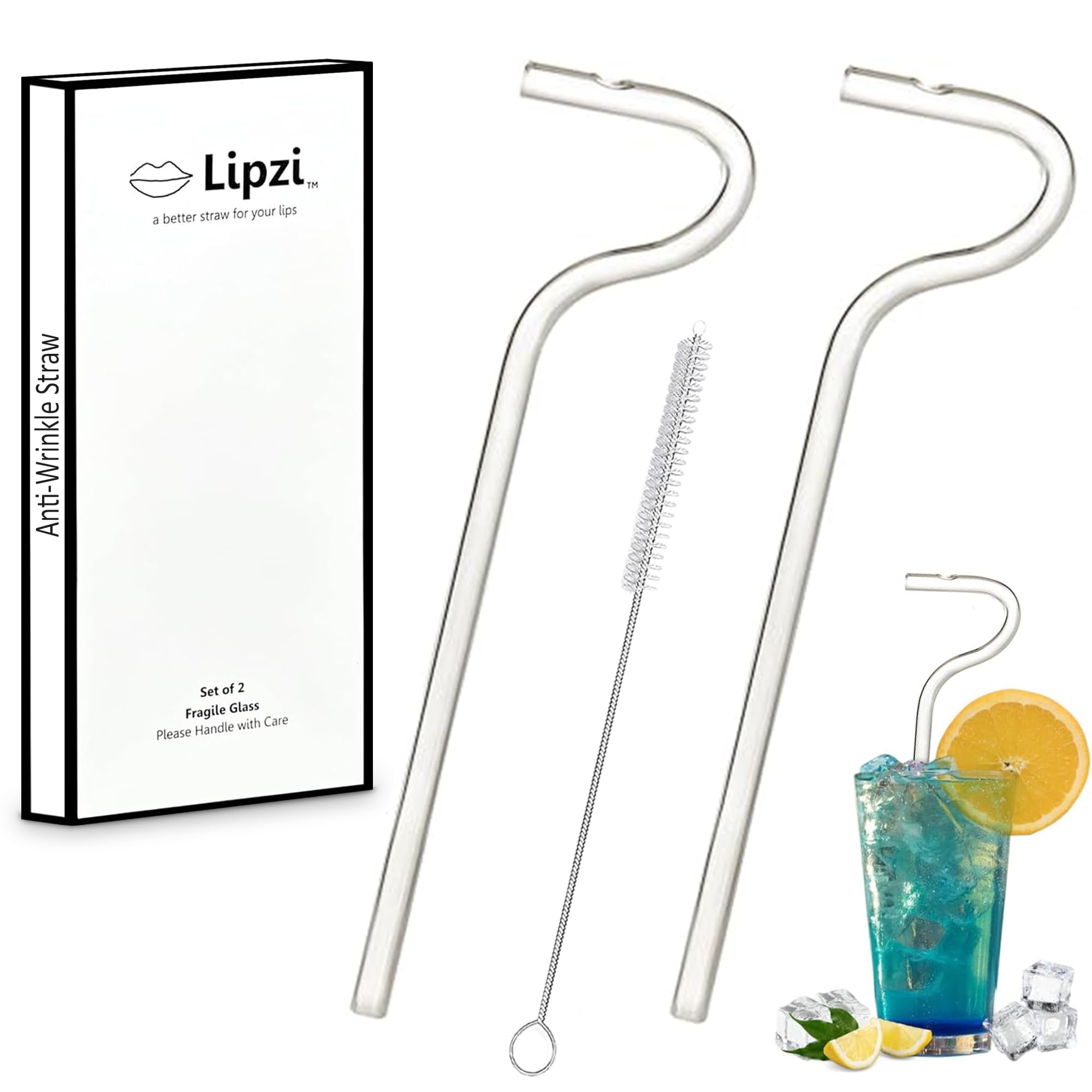 Lipzi reusable glass drinking straw, flute style design for engaging lips horizontally, set of 2