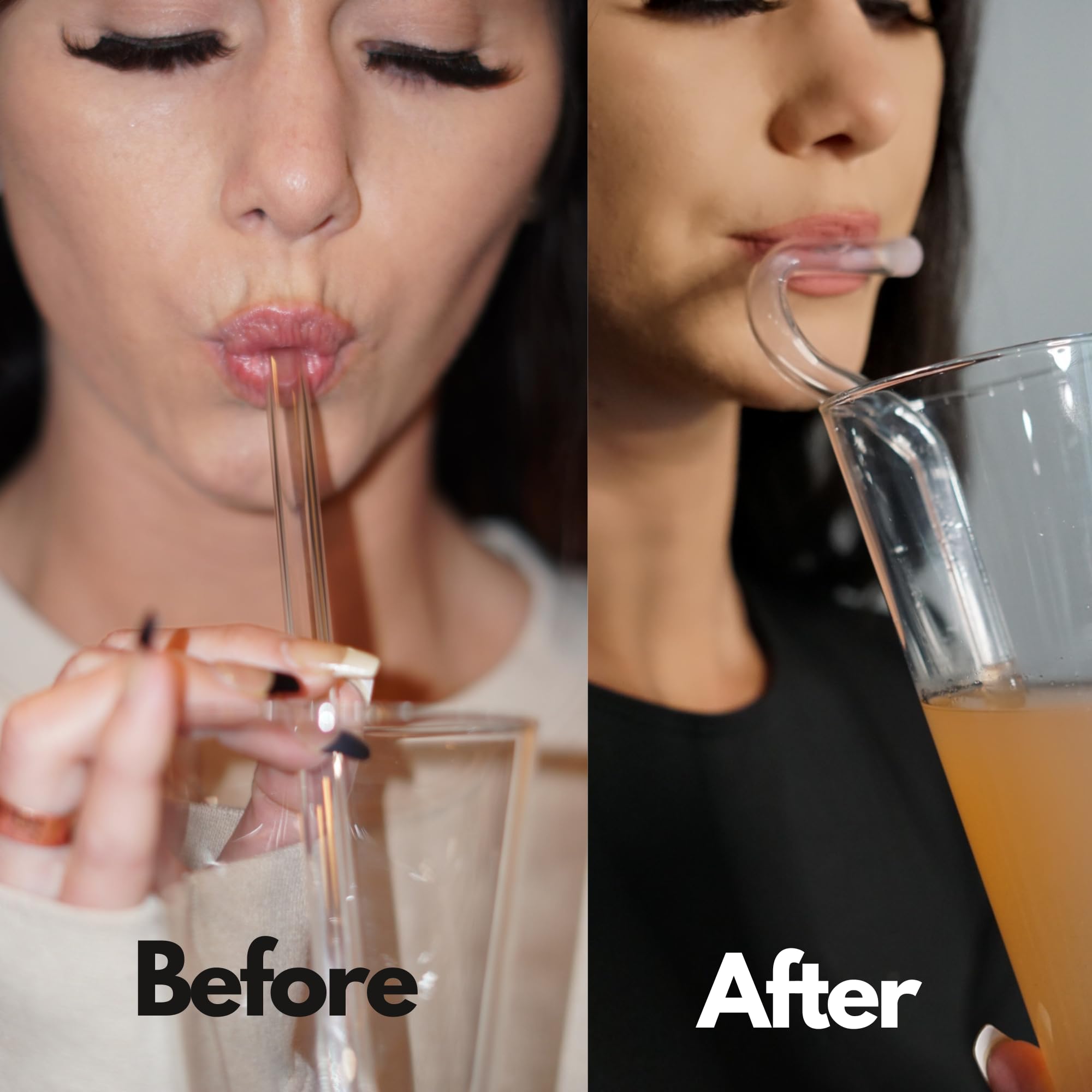 Lipzi reusable glass drinking straw, flute style design for engaging lips horizontally, set of 2