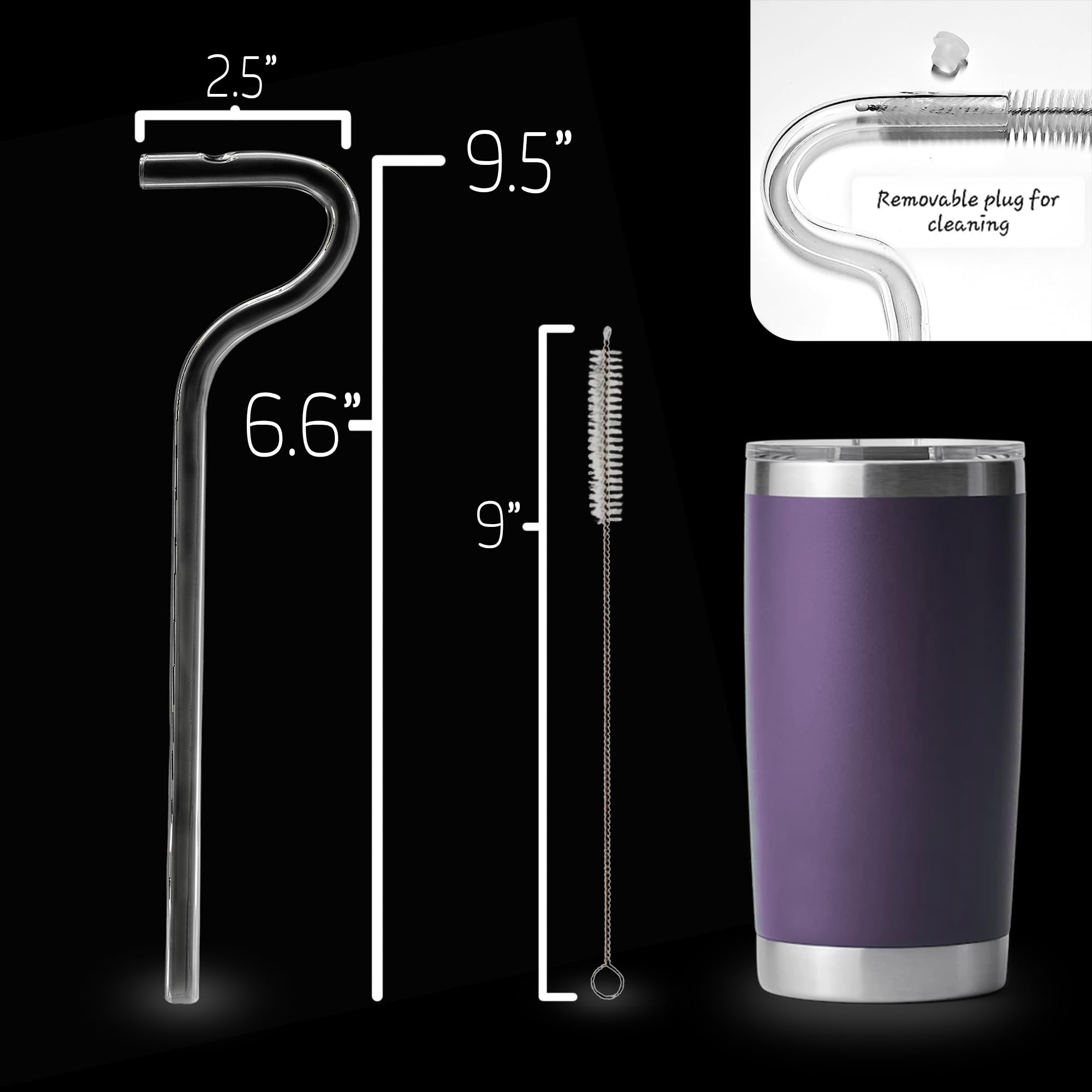 Lipzi reusable glass drinking straw, flute style design for engaging lips horizontally, set of 2