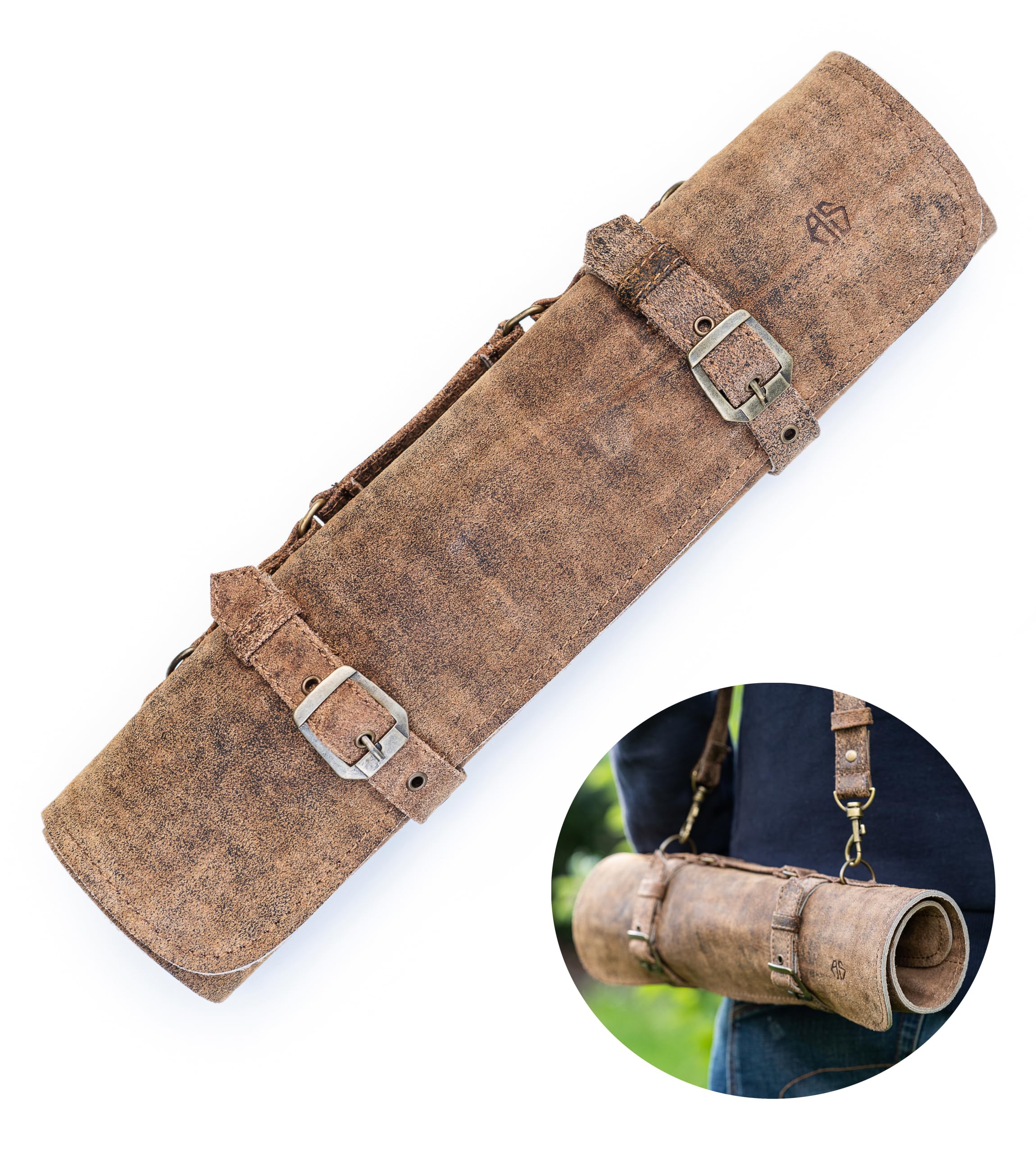 Knife Roll Bag Genuine Leather β knife case for Chefs 7 slots β Leather Knife with handle and strap Frank (Brown-Antique)