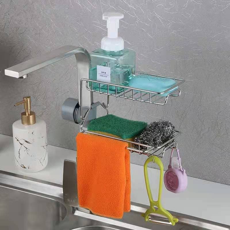 Faucet Storage Rackļ¼Holder Sink Caddy Organizer for Kitchen & Bathroom Accessoriesļ¼ Stainless Steel Storage Rackļ¼Sink Organizer for Soap Sponge Brush Scrubber Sink Caddy Organizer (Double layer)