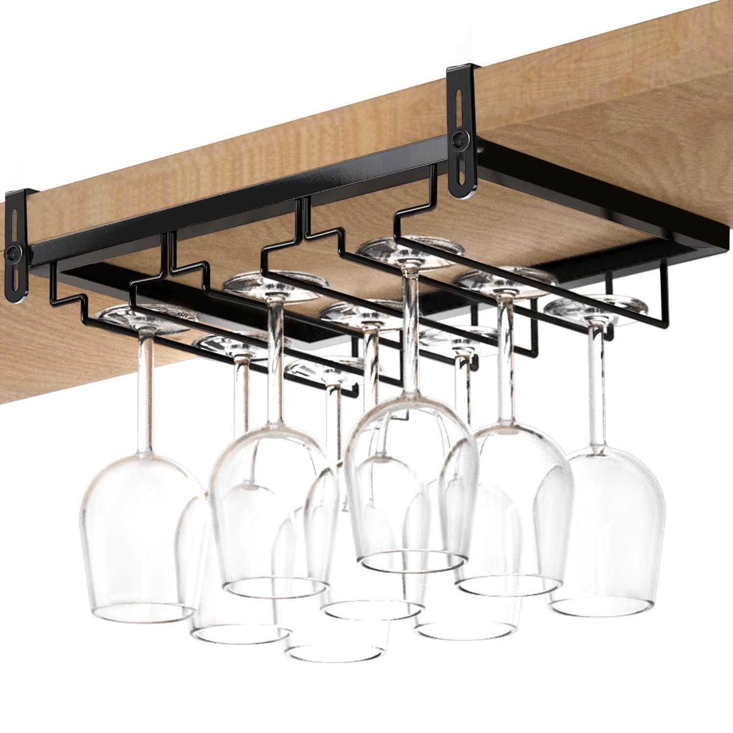 Wine Glass Rack Under Cabinet, BUDO 3 Rows Nail Free Wine Glass Holder Under Shelf, Adjustable Stemware Storage Drying Hanger Organizer for Kitchen Cabinet Bar (Black)