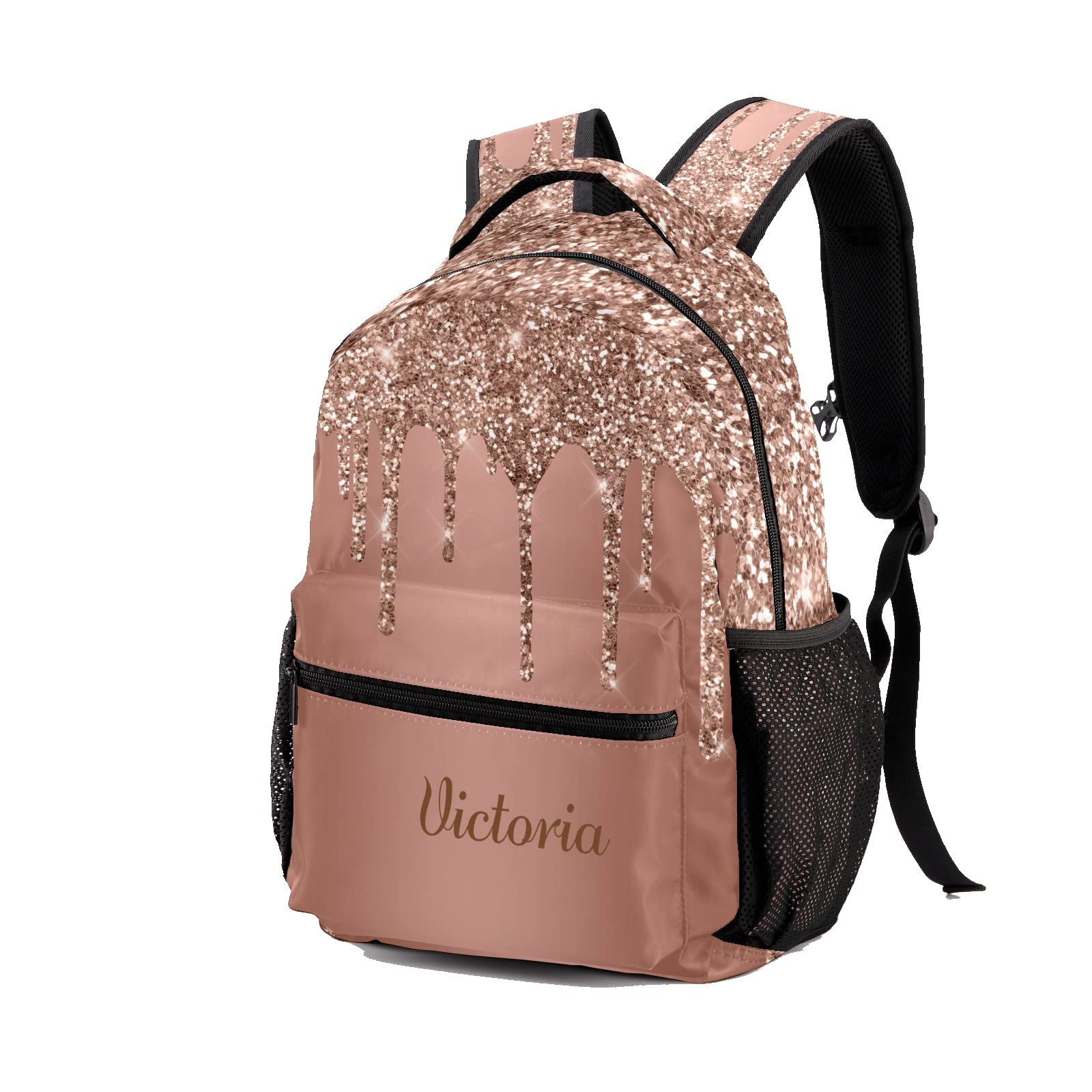 Liveweike Rose Gold Glitter Sparkle Drip Personalized Kids Backpack with Name Teen Girl Boy Primary School Travel Bag