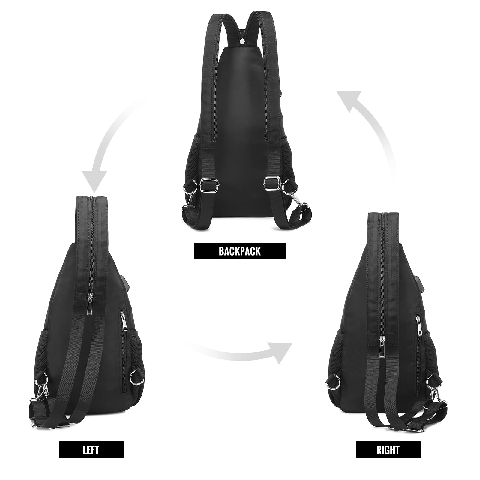 LOVEVOOK Sling Bag for Women Casual Daypack Nylon Crossbody Sling Backpack Travel Shoulder Bag Hiking Daypack (Black)