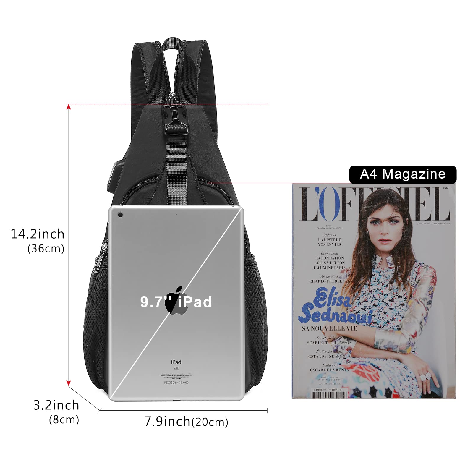 LOVEVOOK Sling Bag for Women Casual Daypack Nylon Crossbody Sling Backpack Travel Shoulder Bag Hiking Daypack (Black)