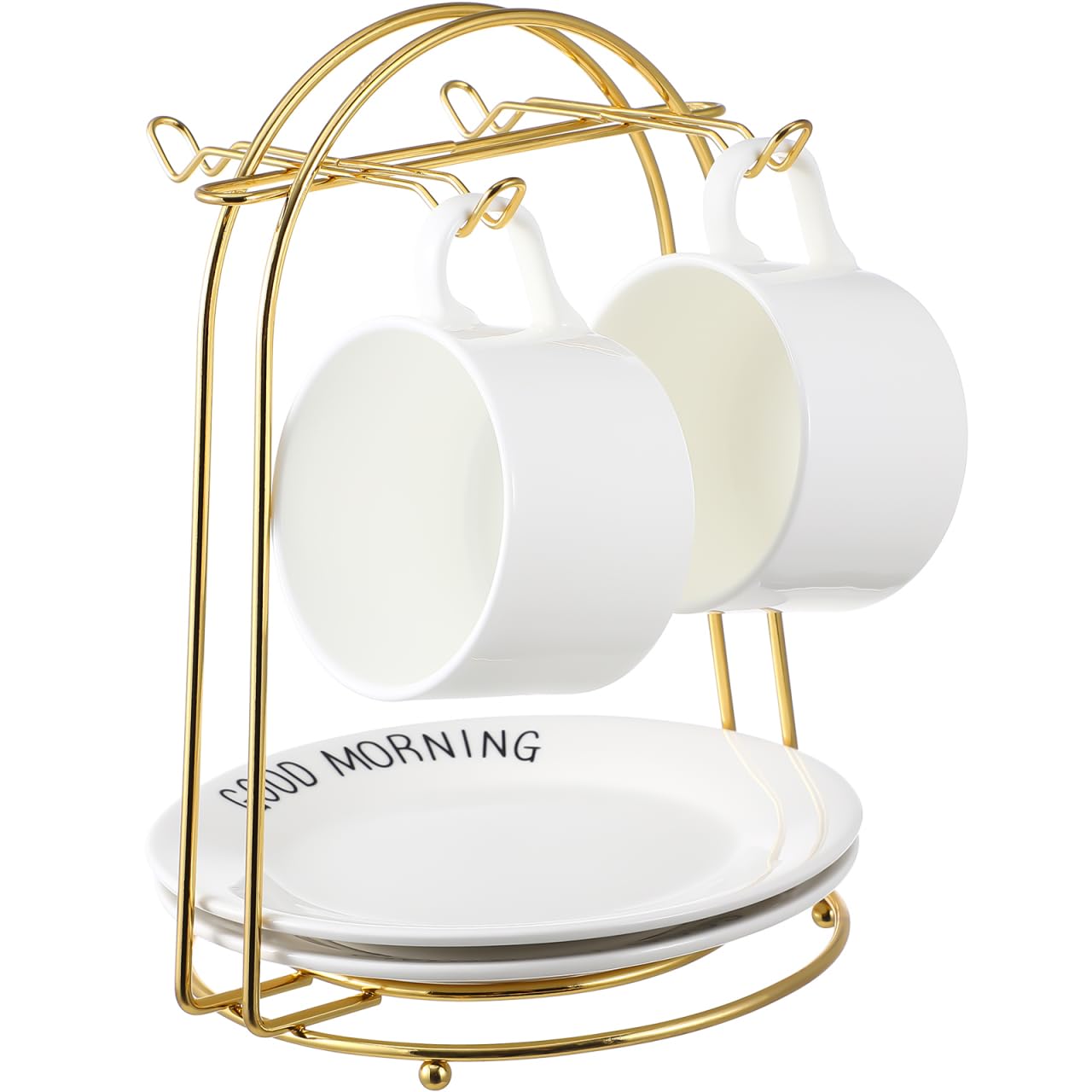jojofuny Golden Metal Tea Mugs Display Stand 4 Hook European Style Cups Holder Tree Wrought Iron Saucer Organizer Rack for Coffee Home Jewelry Entryway Key Bar Accessories