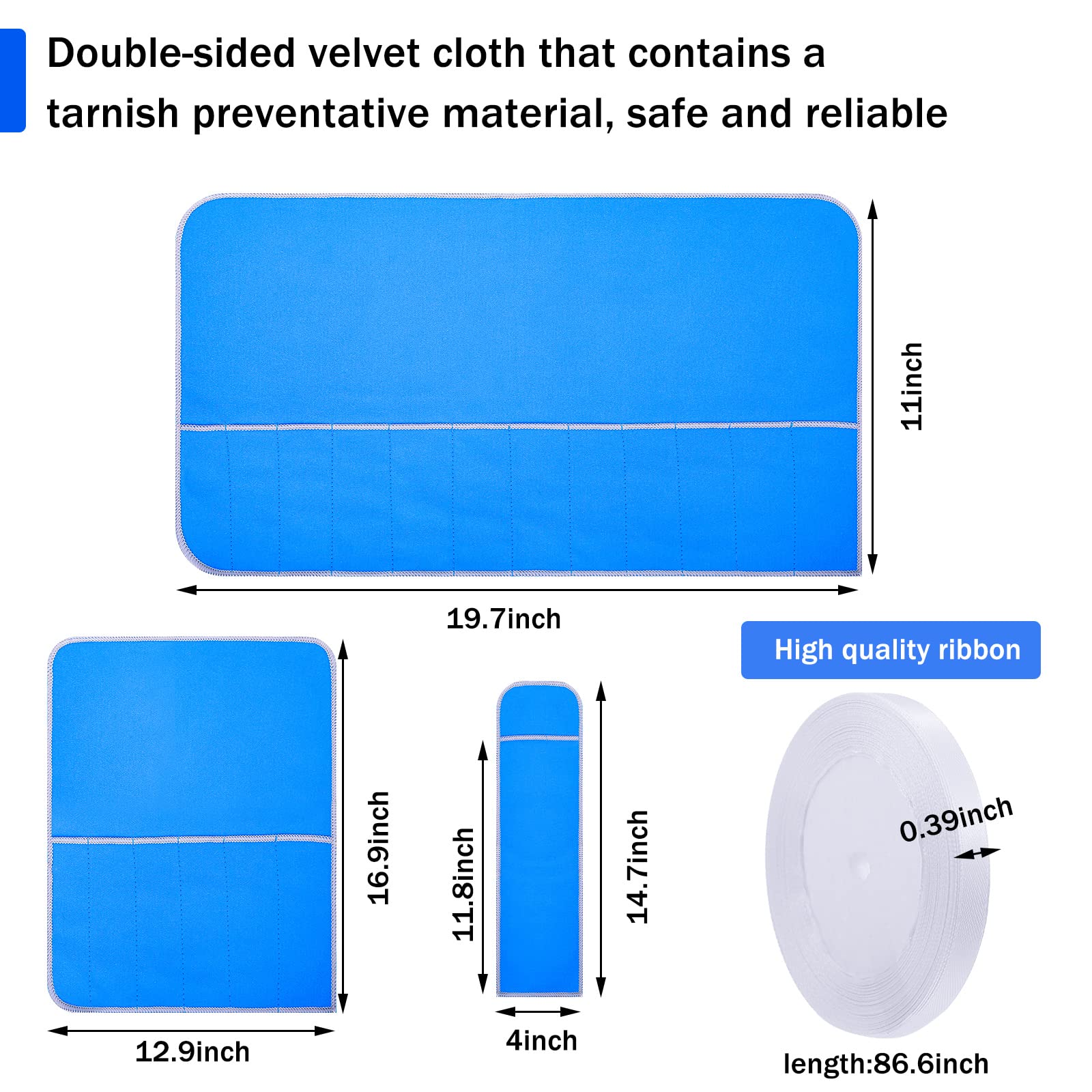 17 Pieces Silver Storage Bags Anti Tarnish Silver Protector Bags Silverware Bags Blue Holder for Silverware Place Setting Roll Flatware Storage Organizer with White Ribbon for Utensils, 3 Styles