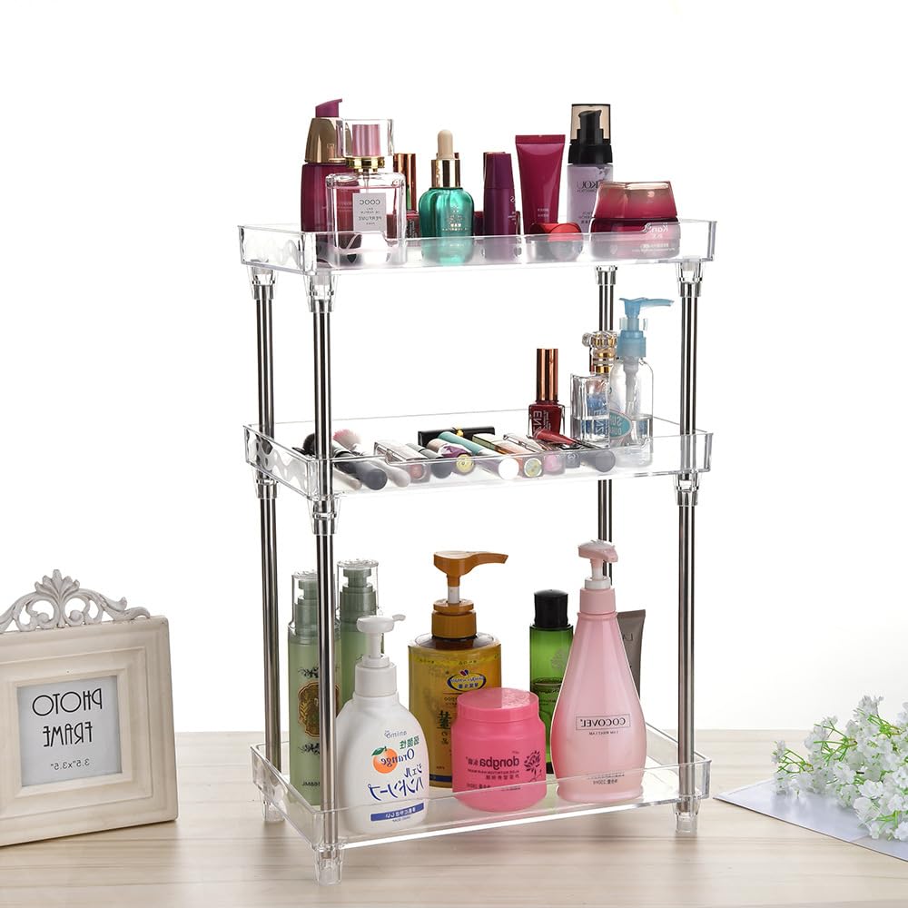 Bathroom Organizer Countertop, 3-Tire Skincare Organizers Vanity Tray Corner Shelf for Makeup Cosmetic Perfume, Multi-Functional Acrylic Organizer in Vanity Dresser Bathroom Kitchen Living Room etc.