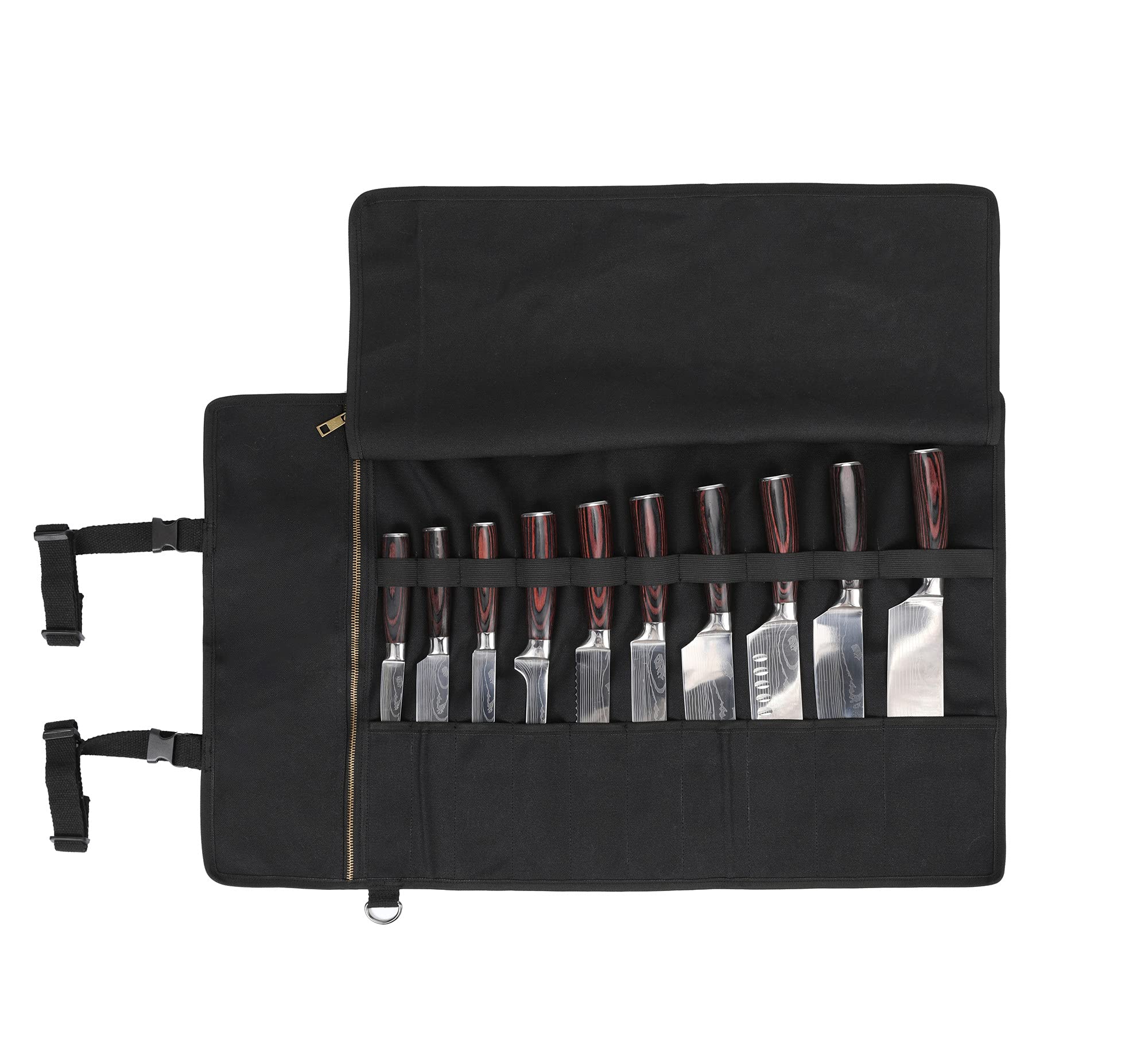 Chef's Knife Roll Bag With 10 Slots And 1 Large Zipper Pocket, Heavy Duty 16oz Waxed Canvas Knife Case