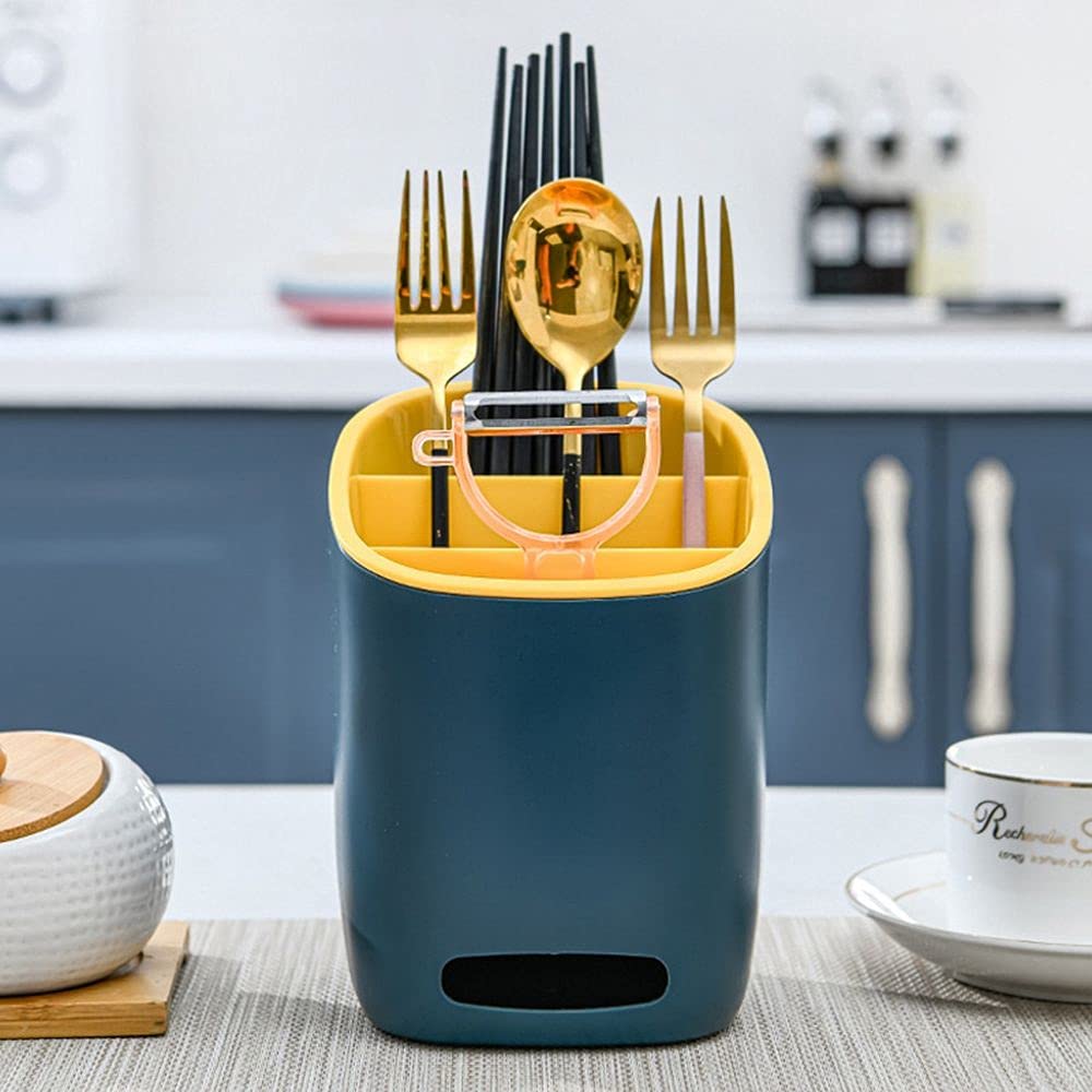 Utensil Holder Cutlery Drainer,Three Layer Chopsticks Holder Spoon Fork Drain Rack Basket Storage Holder Organizer Compartment Box(Blue)