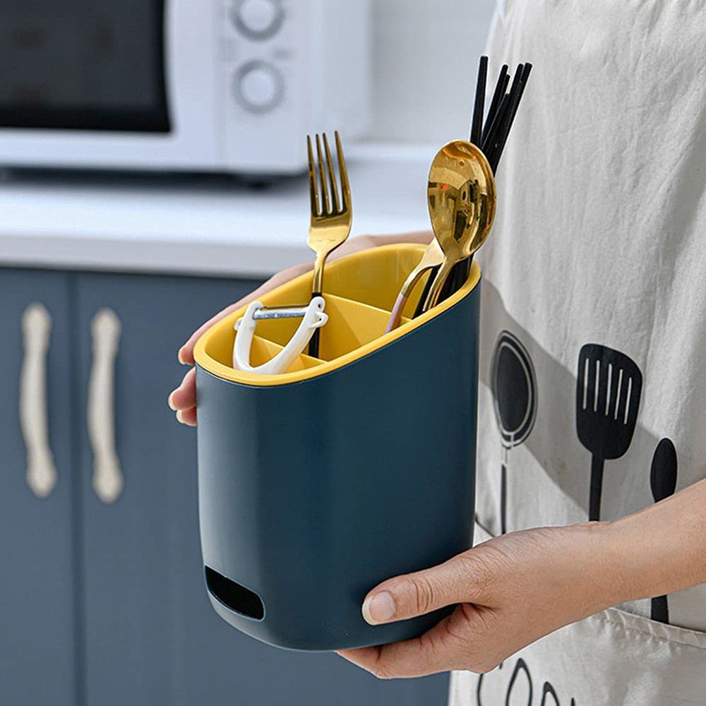 Utensil Holder Cutlery Drainer,Three Layer Chopsticks Holder Spoon Fork Drain Rack Basket Storage Holder Organizer Compartment Box(Blue)