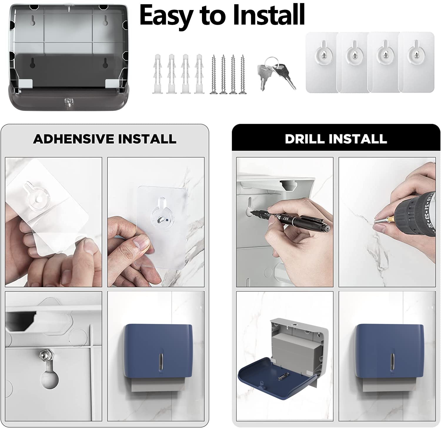 PLUSSEN Paper Towel Dispenser Wall Mount,Capacity 200+ Sheets ZFold Tri Fold Blue Adhesive No Drilling or Screws Installation for Home Toilet