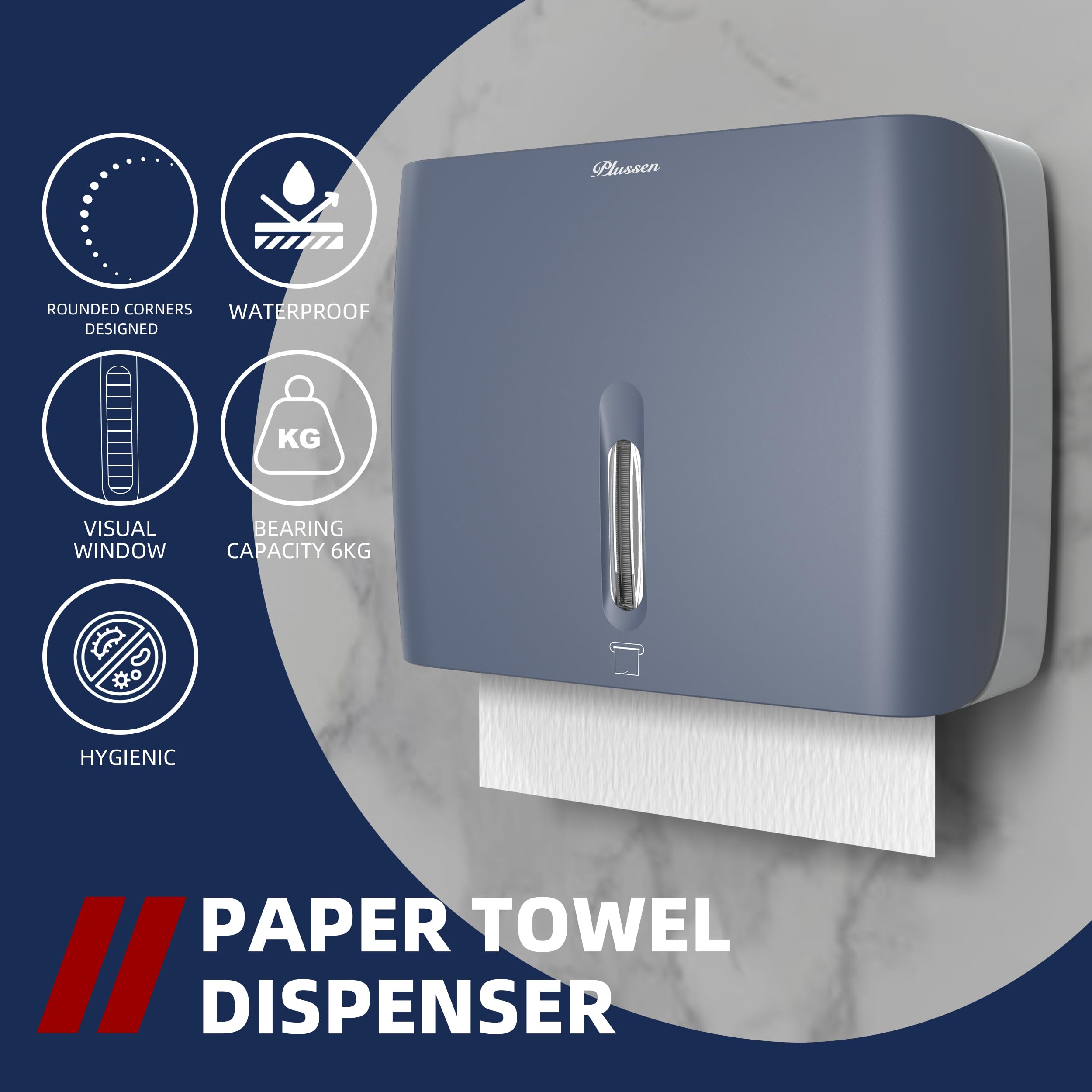 PLUSSEN Paper Towel Dispenser Wall Mount,Capacity 200+ Sheets ZFold Tri Fold Blue Adhesive No Drilling or Screws Installation for Home Toilet