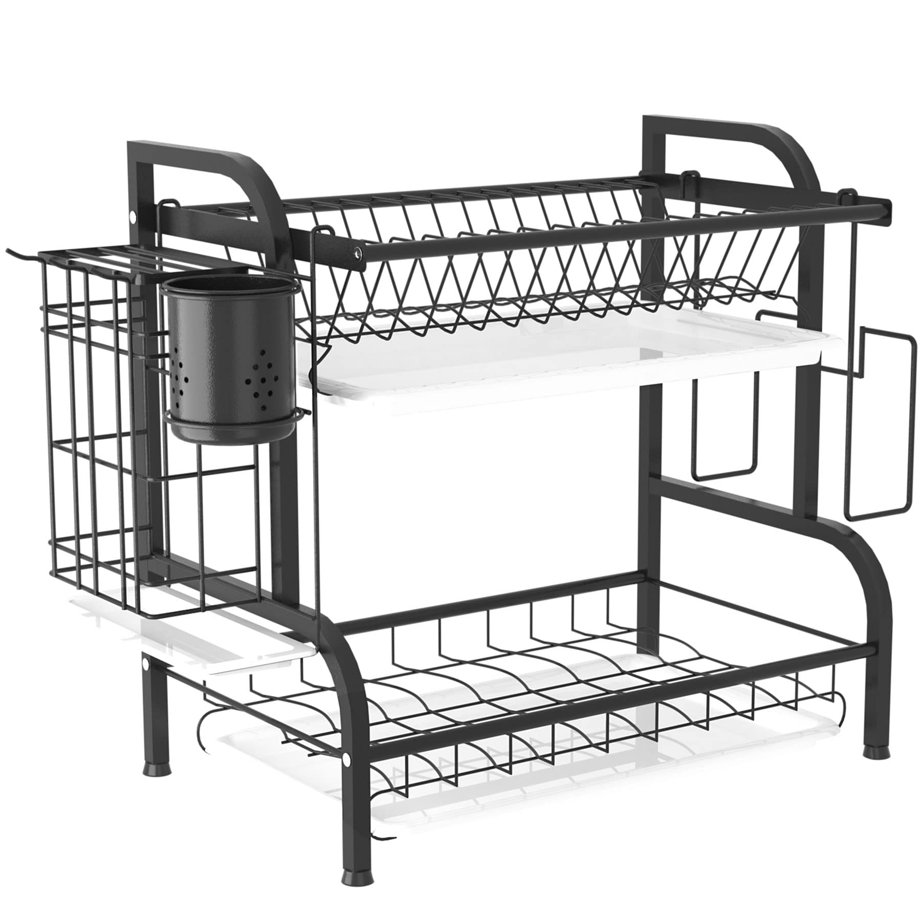 C&AHOME 2-Tier Dish Drying Rack, Large Capacity Stainless Steel Dish Drainer with Utensil Holder, Knife Holder, Cutting Board Holder, 3 Removable Drain Board and Adjustable Feet for Kitchen Black