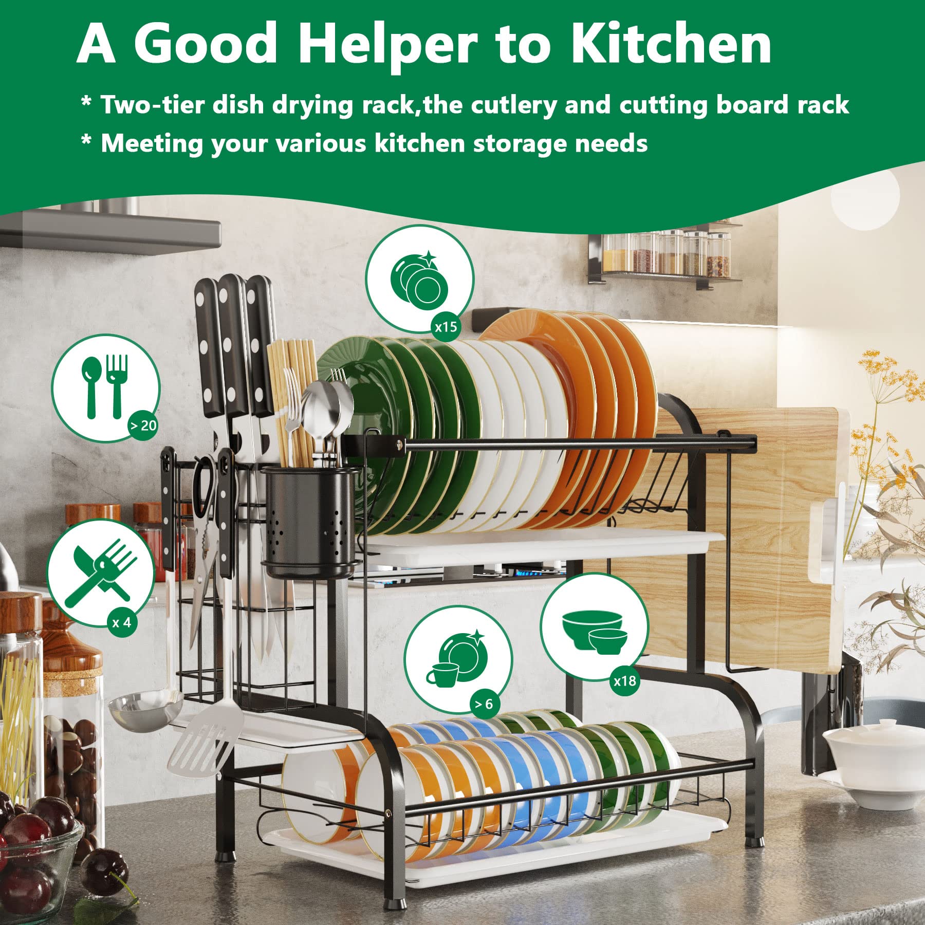 C&AHOME 2-Tier Dish Drying Rack, Large Capacity Stainless Steel Dish Drainer with Utensil Holder, Knife Holder, Cutting Board Holder, 3 Removable Drain Board and Adjustable Feet for Kitchen Black