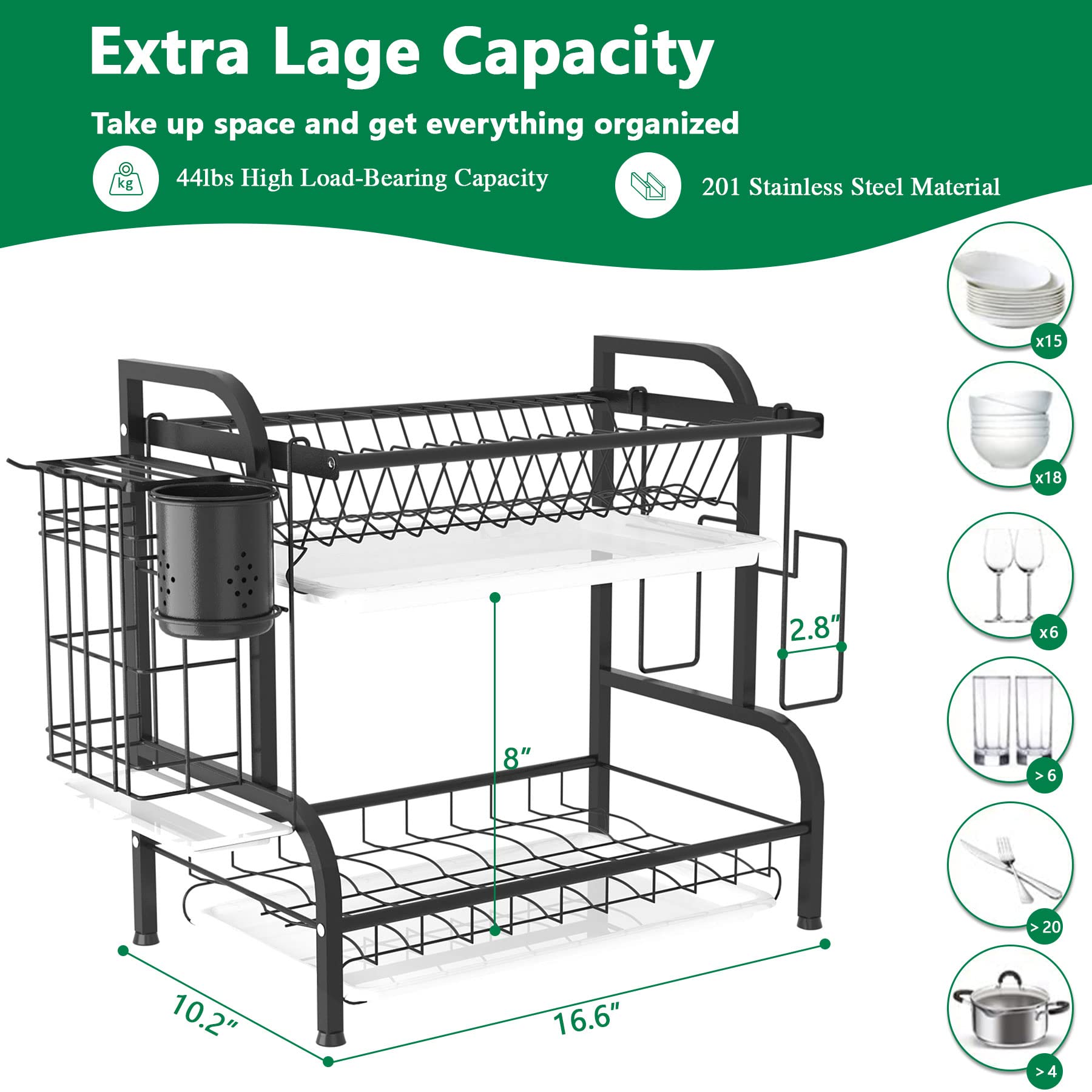 C&AHOME 2-Tier Dish Drying Rack, Large Capacity Stainless Steel Dish Drainer with Utensil Holder, Knife Holder, Cutting Board Holder, 3 Removable Drain Board and Adjustable Feet for Kitchen Black