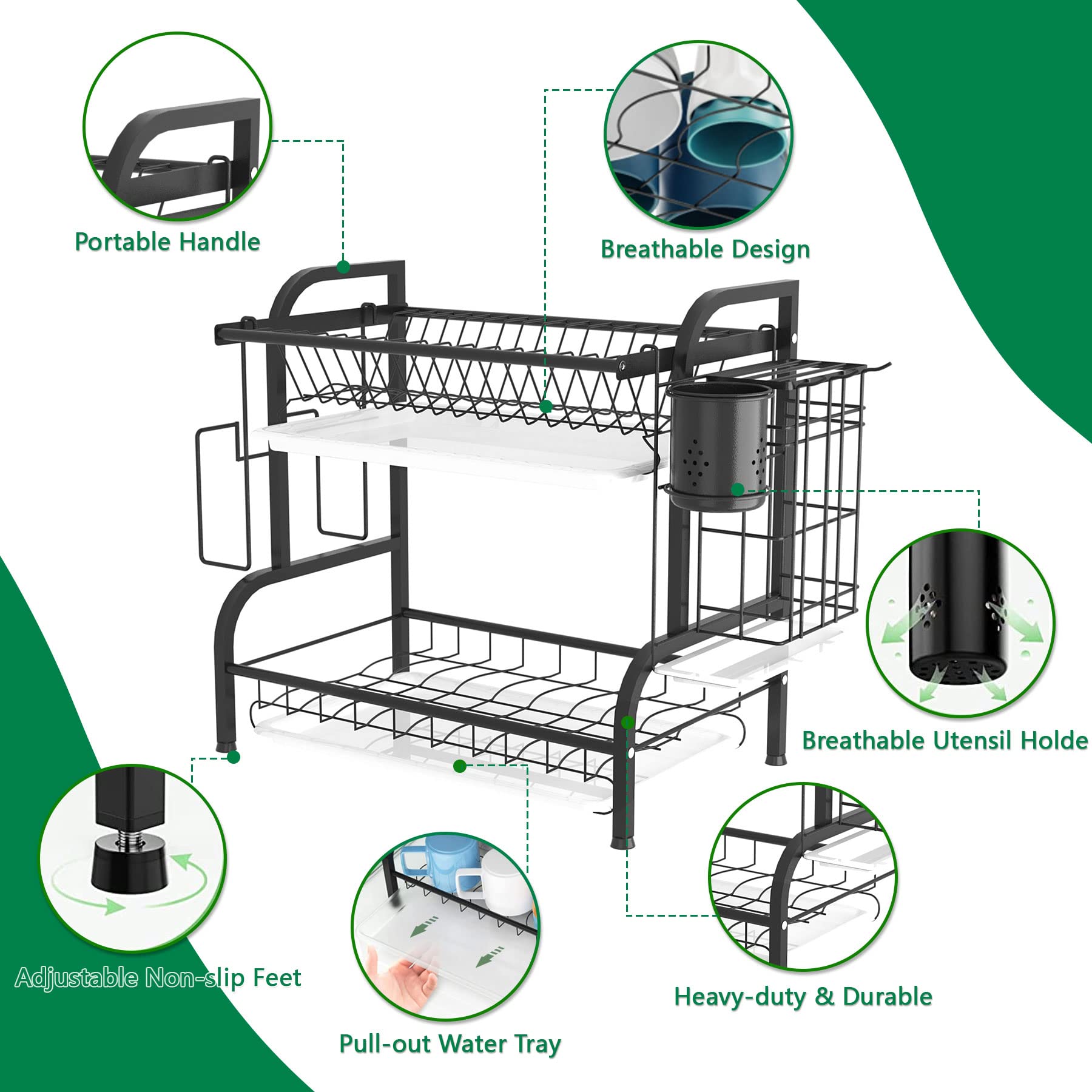 C&AHOME 2-Tier Dish Drying Rack, Large Capacity Stainless Steel Dish Drainer with Utensil Holder, Knife Holder, Cutting Board Holder, 3 Removable Drain Board and Adjustable Feet for Kitchen Black