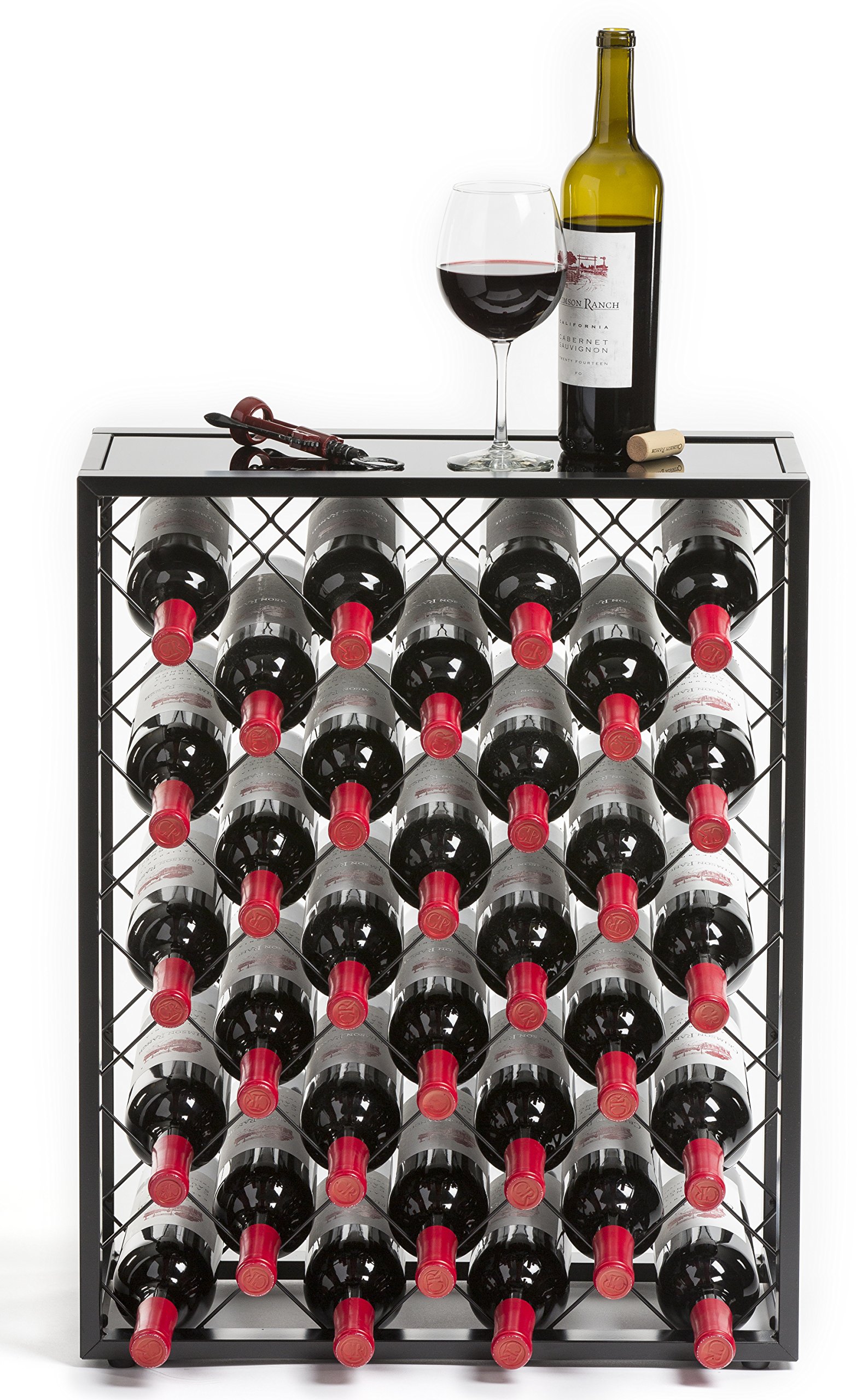Mango Steam 32 Bottle Wine Rack with Glass Table Top Free Standing, Black