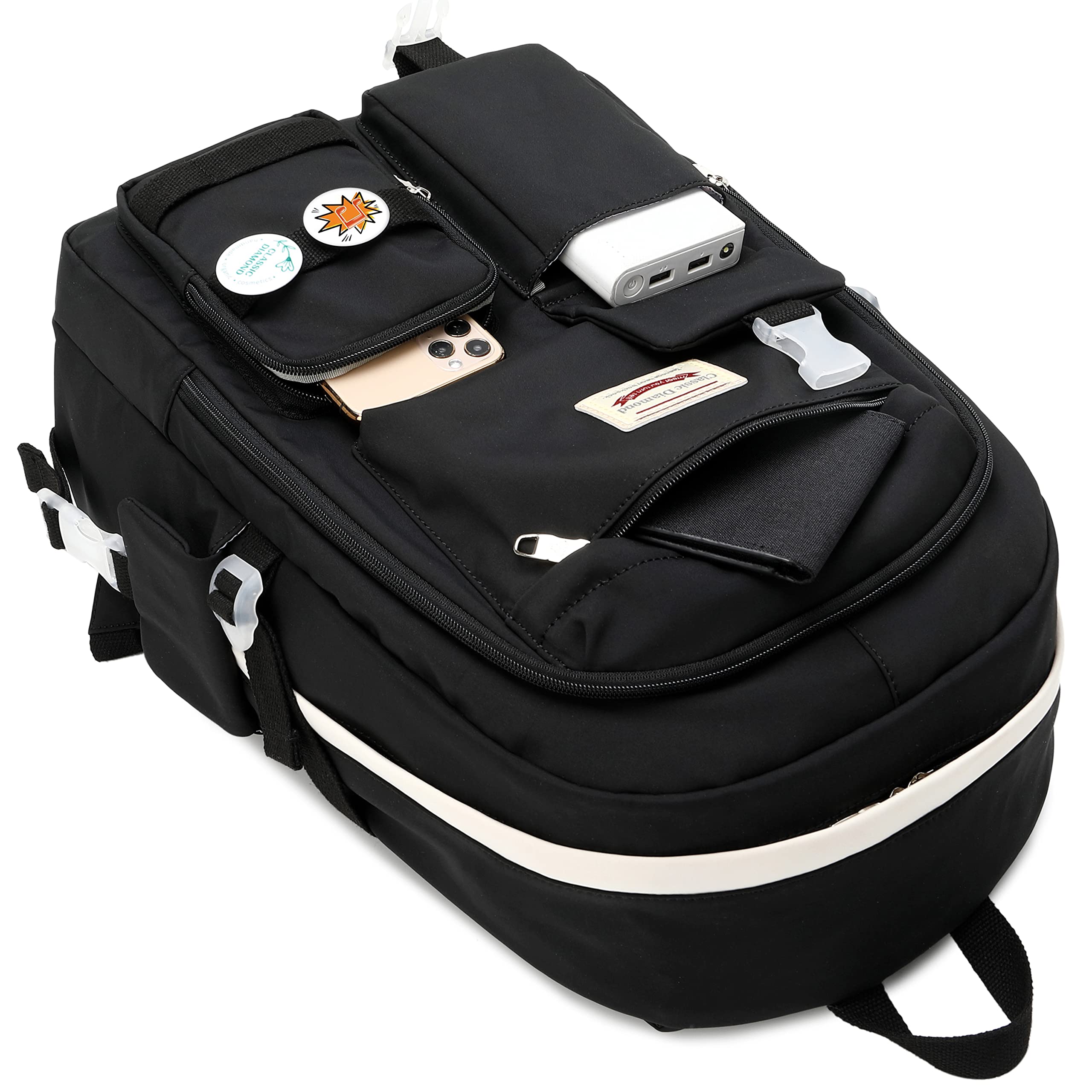 Classic Diamond School Backpack for Girls Backpack Cute Bookbag Kawaii School Bag Anime College Backpack for Teen Girls (Black)