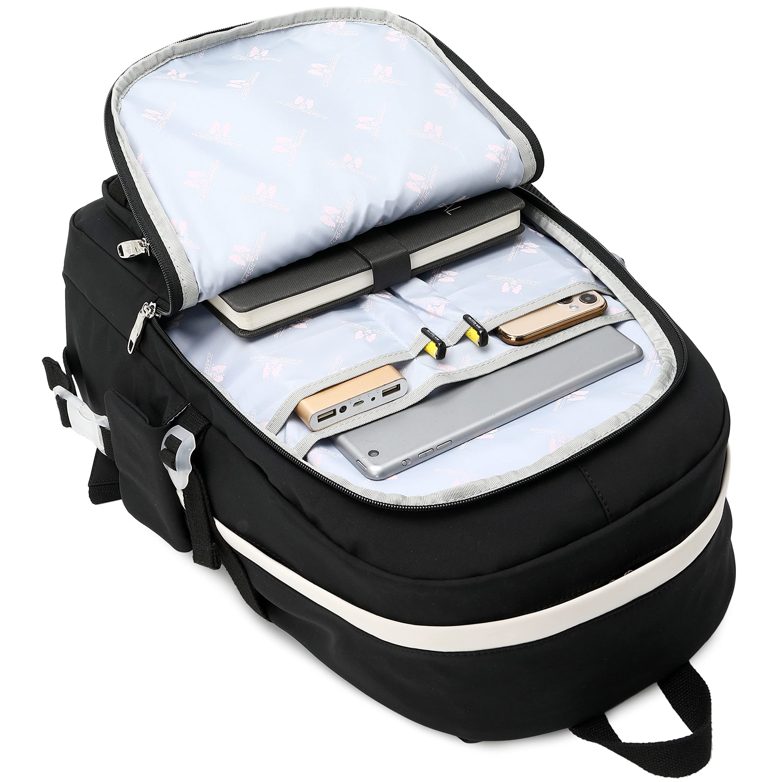 Classic Diamond School Backpack for Girls Backpack Cute Bookbag Kawaii School Bag Anime College Backpack for Teen Girls (Black)