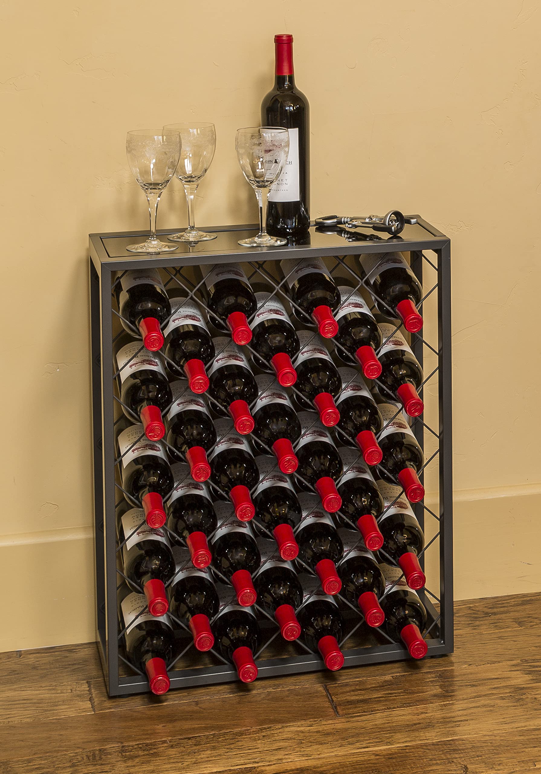 Mango Steam 32 Bottle Wine Rack with Glass Table Top Free Standing, Black