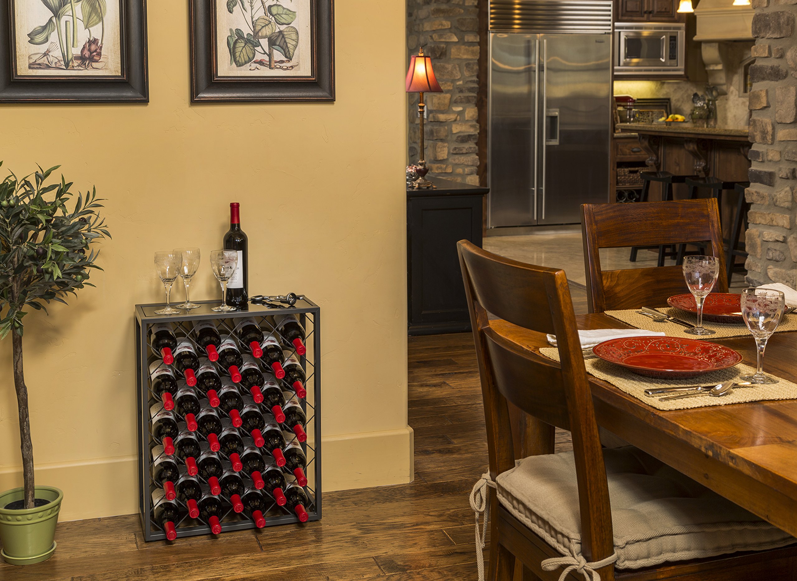 Mango Steam 32 Bottle Wine Rack with Glass Table Top Free Standing, Black