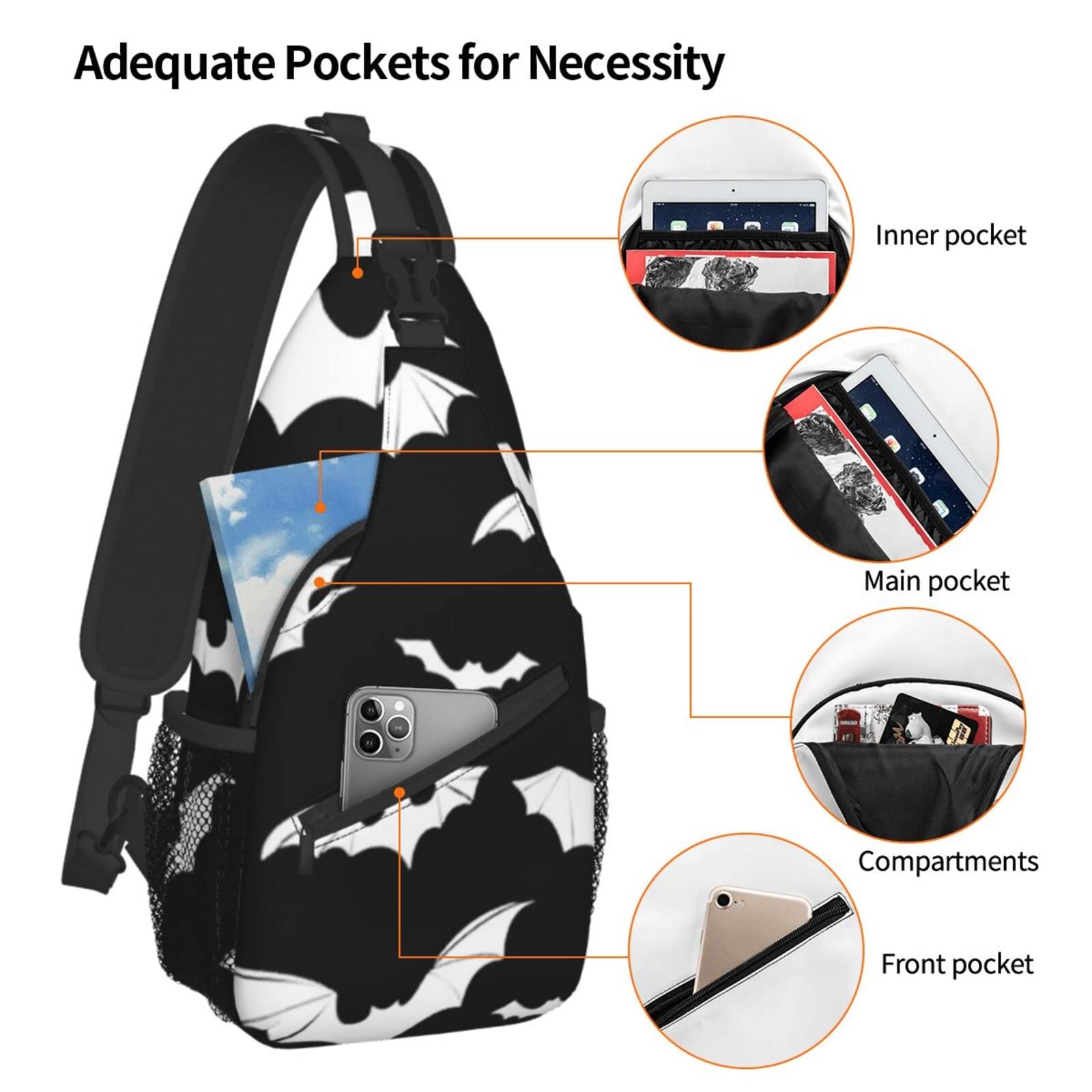 MuMuYun Sling Bag, Bats Halloween Goth print Crossbody Sling Backpack for Casual Shoulder Women And Men, Black