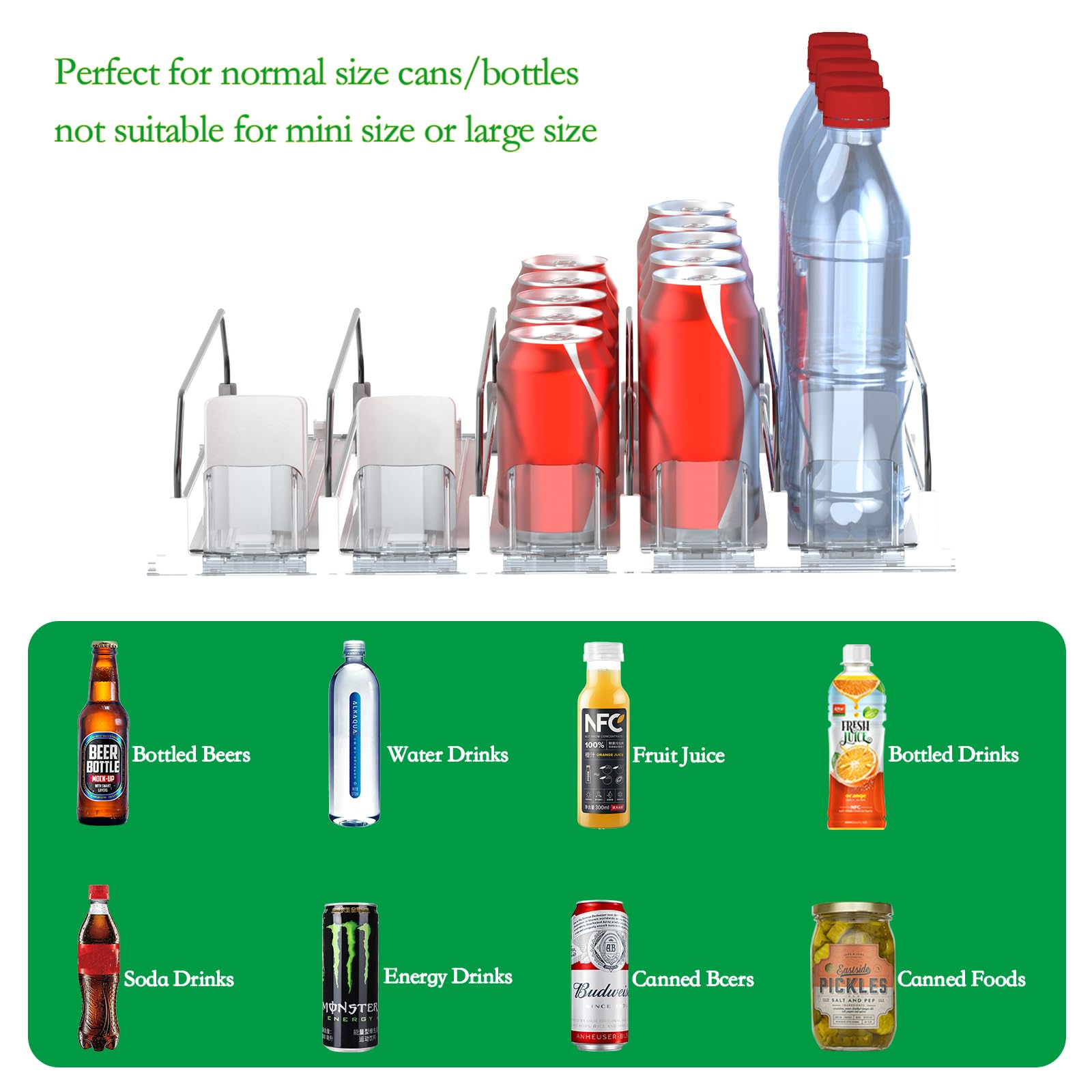 Drink Organizer for Fridge-White Automatic Pusher Glide,12oz 16oz 20oz-Soda Dispenser for Fridge-Holds up to 15 Cans