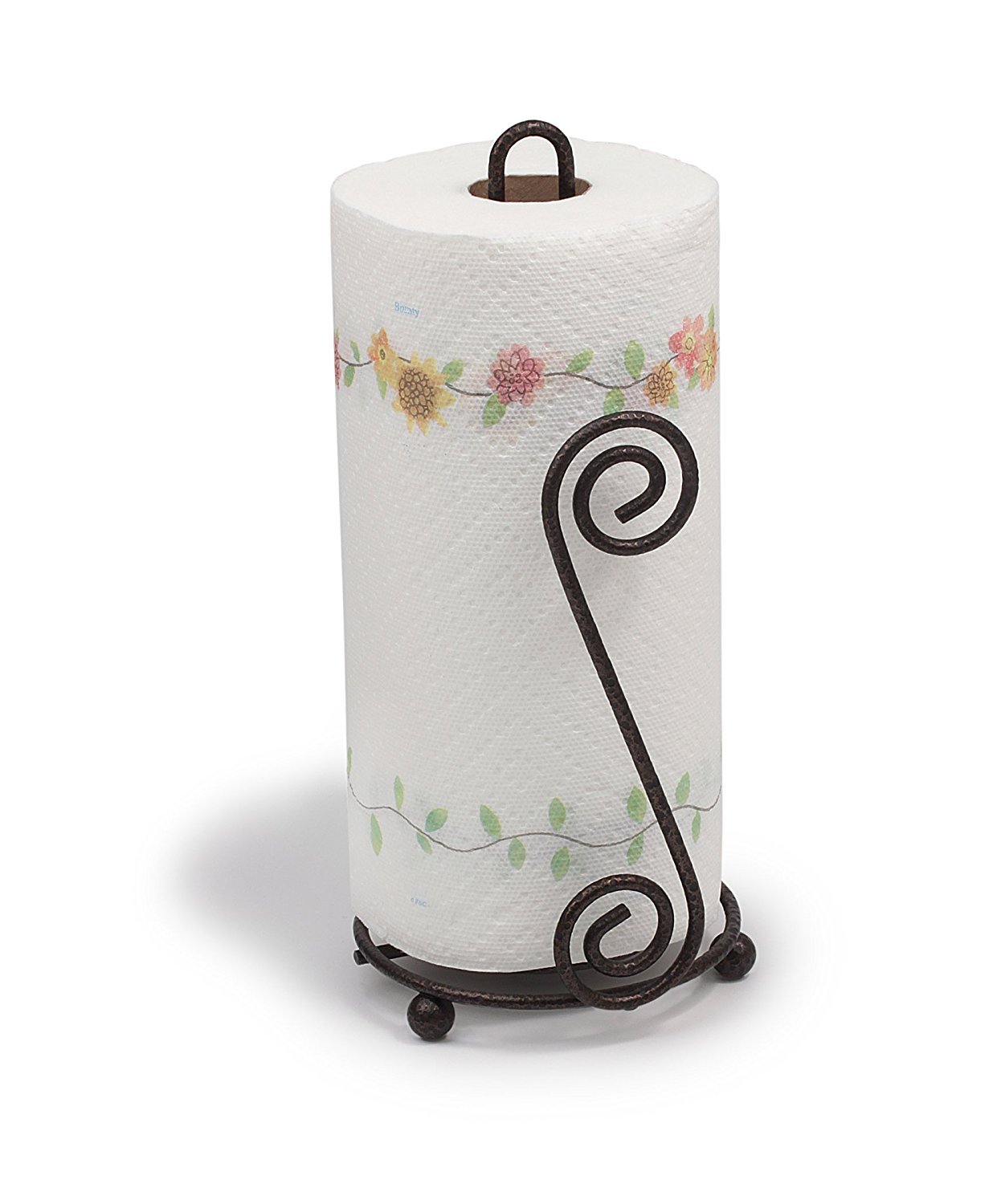 Spectrum Diversified Scroll Holder for Kitchen Countertops, Bars & Dining Tables, Steel Paper Towel Stand, Fits Standard & Jumbo Rolls, Hammered Bronze
