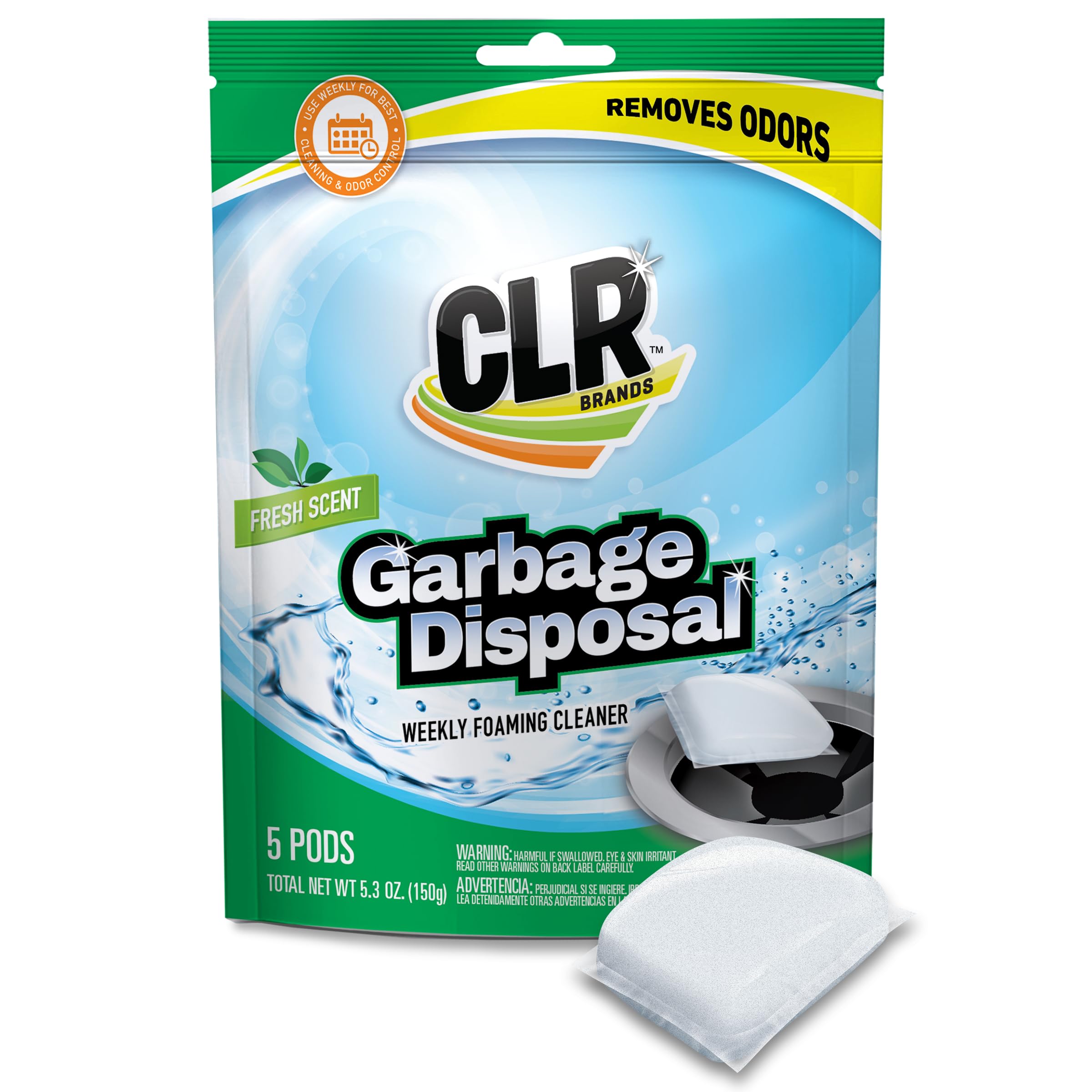 CLR Fresh & Clean Garbage Disposal, Fresh Scent Weekly Foaming Cleaning Pods, 5 Pods Total (Packaging May Vary)
