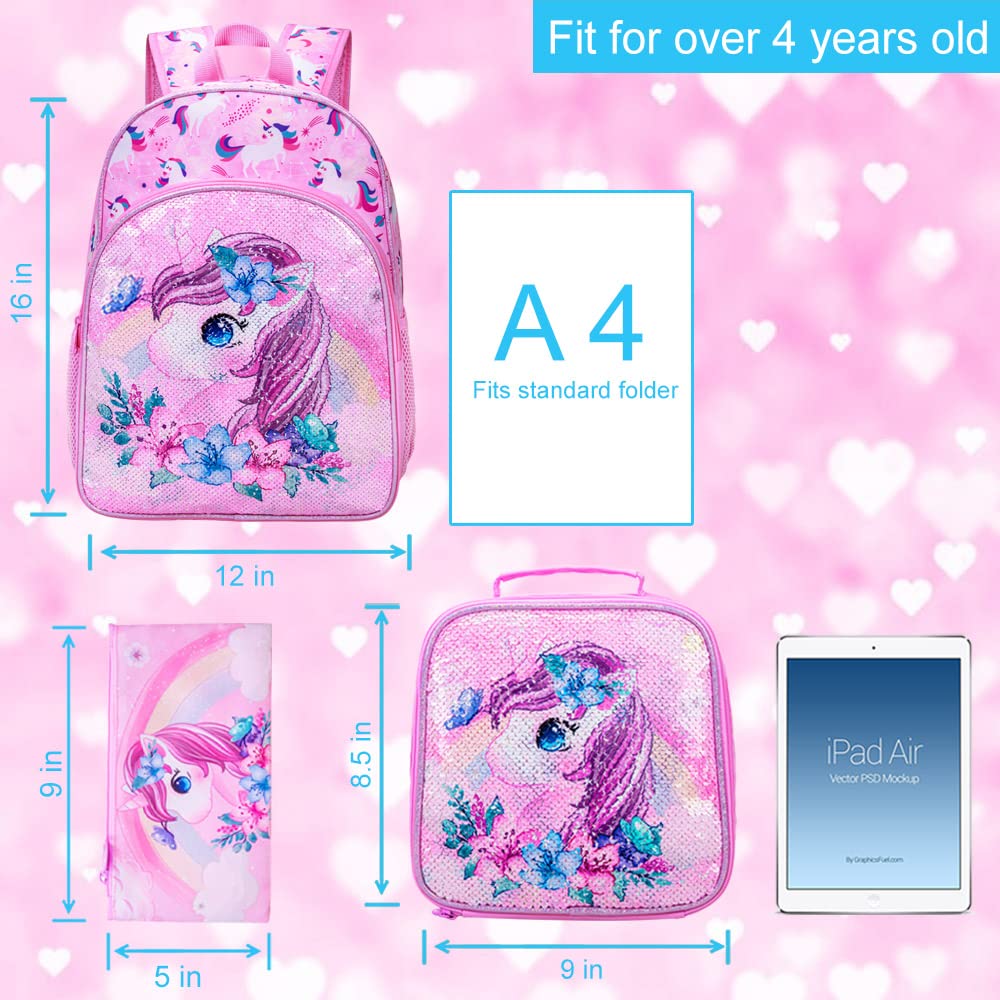 UFNDC 3PCS Unicorn Backpack for Girls, 16”Kids Sequin Bookbag with Lunch Box, School Bag for Elementary Toddler