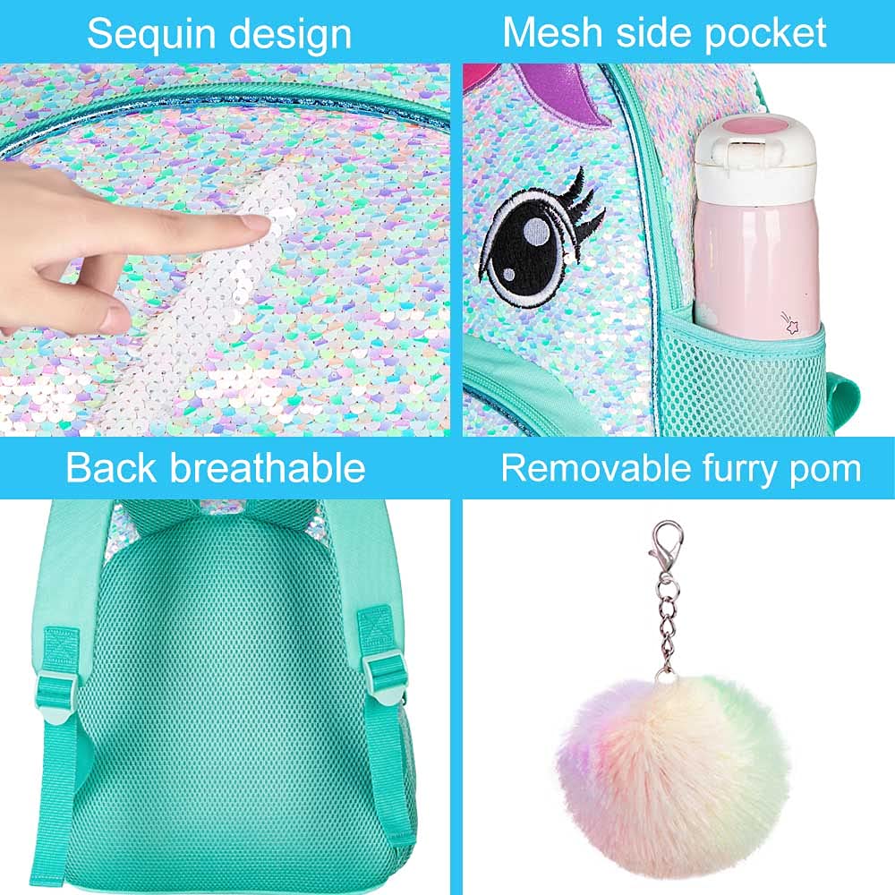 3PCS Toddler Backpack for Girls, 12" Unicorn Sequin Preschool Bookbag and Lunch Box- Green