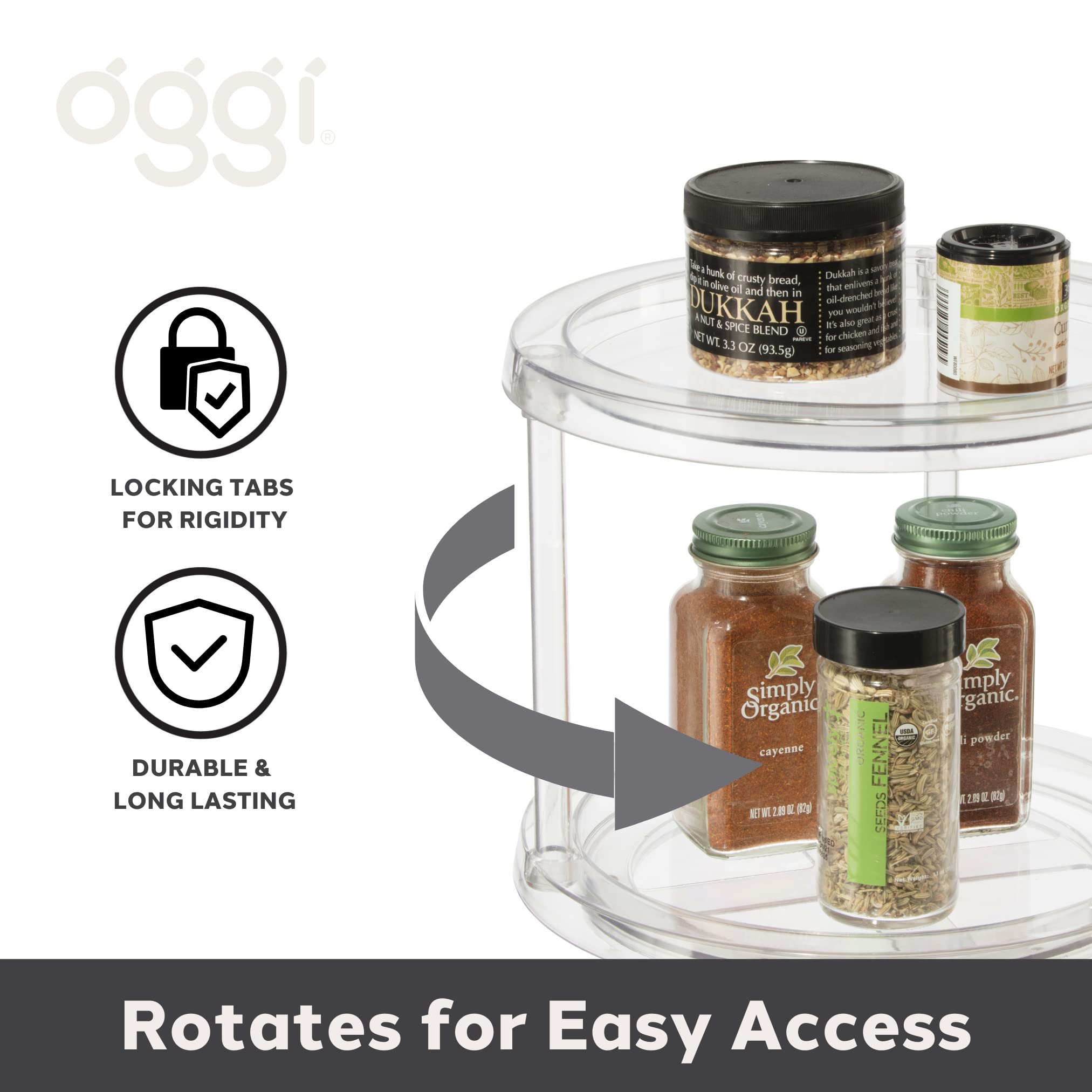 OGGI Two Tier Lazy Susan Rotating Organizer for Kitchen, Pantry, Cabinet Organizing and Storage. Ideal as a Rotating Spice Rack and Pantry Can Organizer, 9.75'' Dia x 8'' H (7780.)