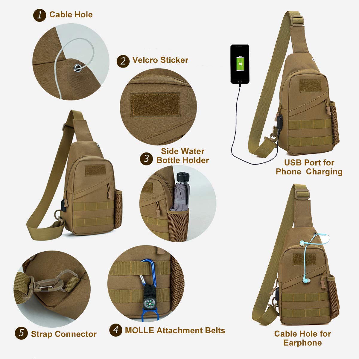 BraveHawk OUTDOORS Tactical Sling Crossbody Bag, 800D Military Nylon Oxford Utility EDC Chest Pack Shoulder Daypack Organizer