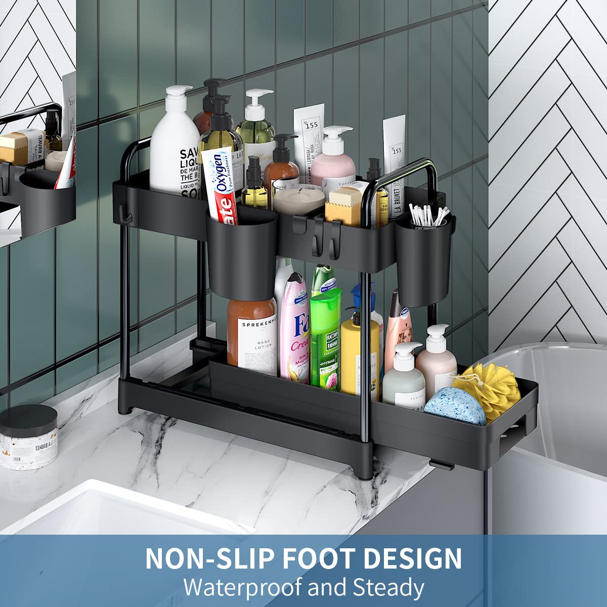 2 Pack Under Sink Organizers and Storage, 2 Tier Under Sliding Cabinet Basket Organizer with Hanging Cups,Hooks,Dividers,Handles,Multi-Purpose Storage Drawer Basket Organizer for Kitchen Bathroom