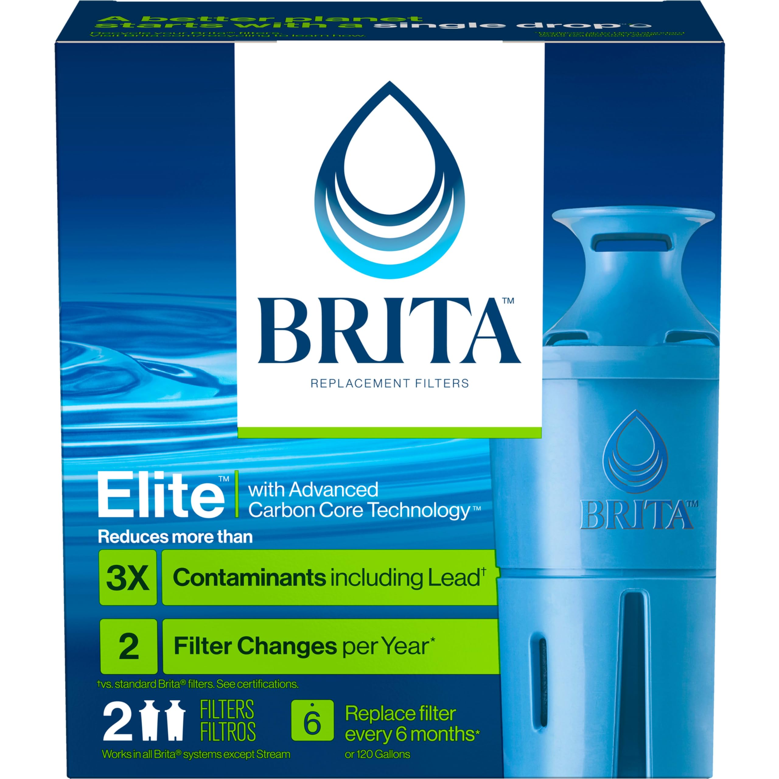 Brita Elite Water Filter Replacements for Pitchers and Dispensers, Reduces 99% of Lead from Tap Water, Lasts 6 Months, 2 Count