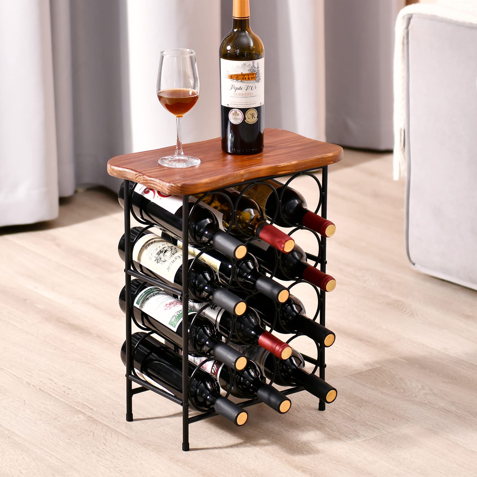 JOLLYMER Metal Wine Rack End Table, Freestanding Floor Bottles Organizer & Display Shelf with Solid Wood Table Top, Wine Storage Rack for Kitchen Dining Living Room, Holds 12