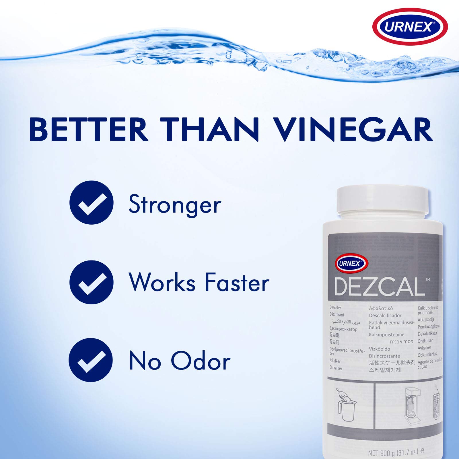 Urnex Dezcal Coffee and Espresso Machine Descaler Activated Scale Remover - 900g Bottle - Fast Effective Descaling Of Boilers and Heating Elements Faucets Spray Heads Milk Systems